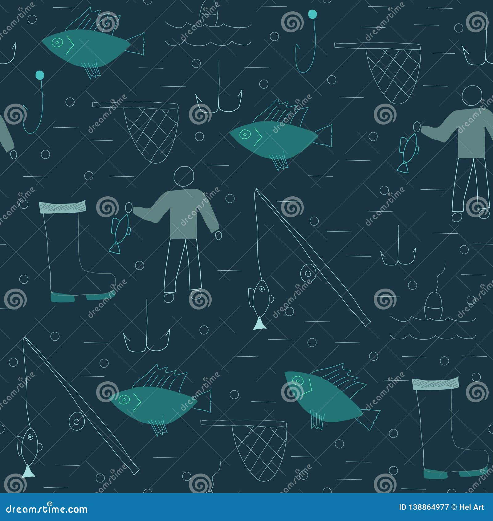 Seamless Pattern with Fishing Elements Stock Vector - Illustration of ...