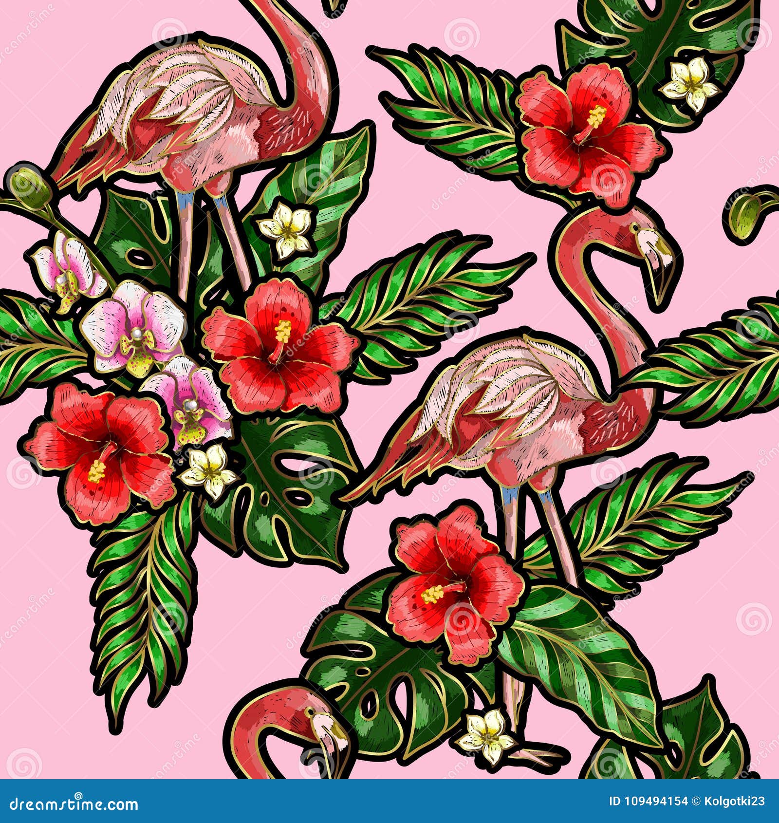 Seamless Pattern with Flamingo, Palm Leaves and Hibiscus Embroidery ... Seamless Pattern with Flamingo, Palm Leaves and Hibiscus Embroidery ...