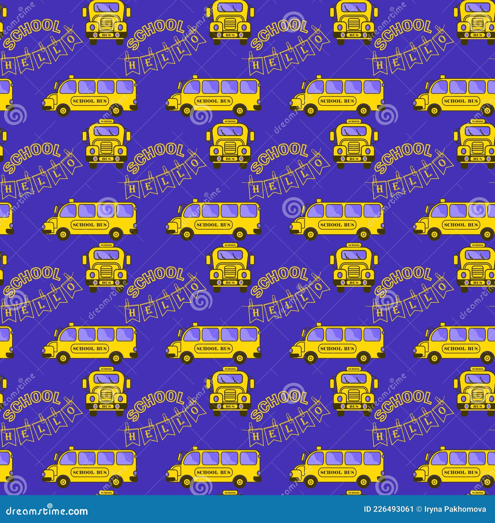 Seamless Pattern with Flat Style School Bus on Blue Background Stock ...
