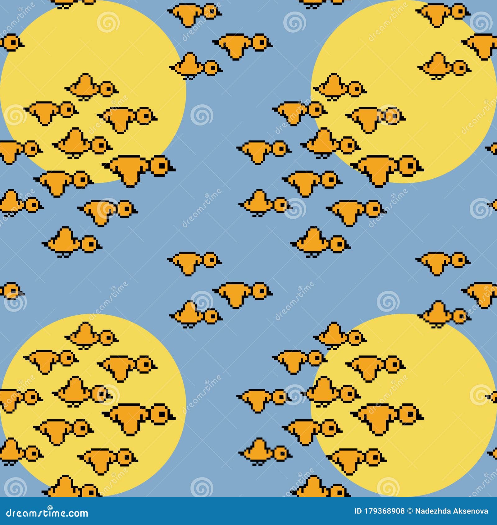 Seamless Pattern. a Flock of Flying Birds. Pixel Birds on a Blue ...