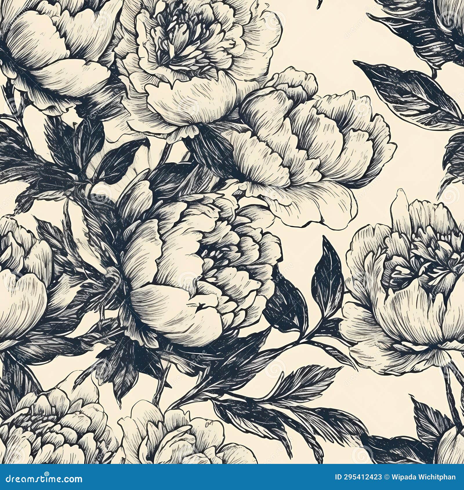 Classic Seamless Pattern with Peony Floral Drawing Stock Illustration ...