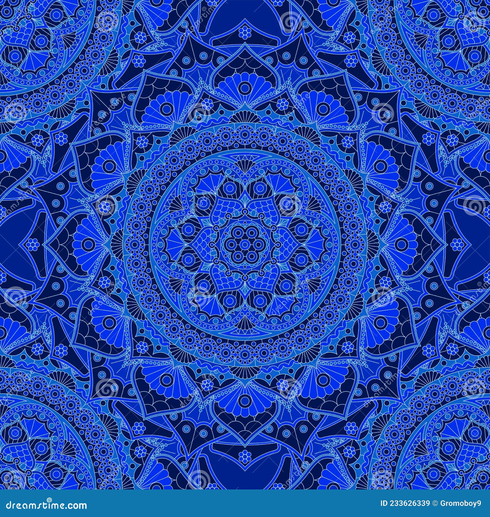 Seamless Pattern with Floral Mandala in Blue Colors. Vector Drawing ...
