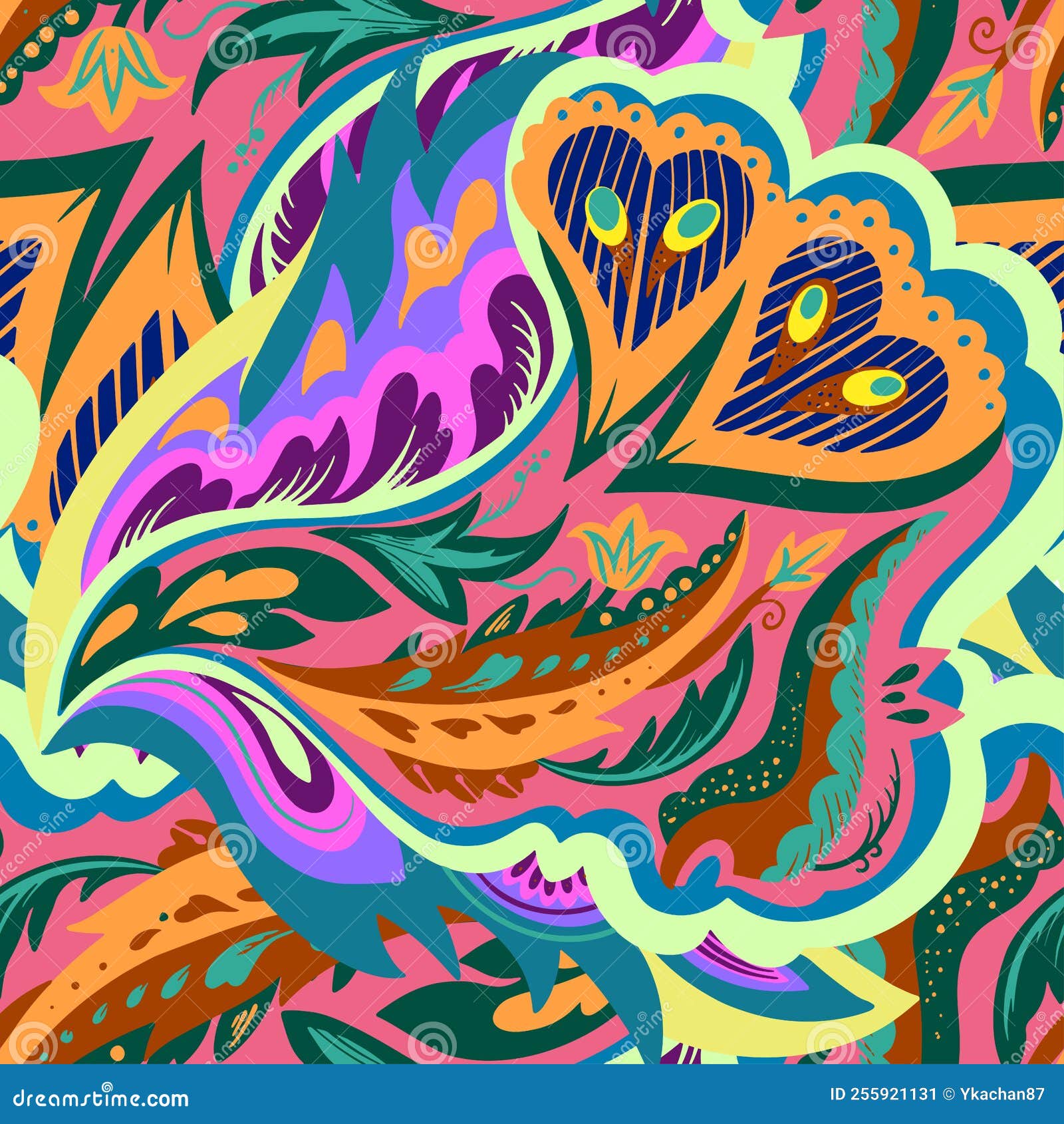 Seamless Pattern with Floral and Plants Element in Psychedelic Funky ...