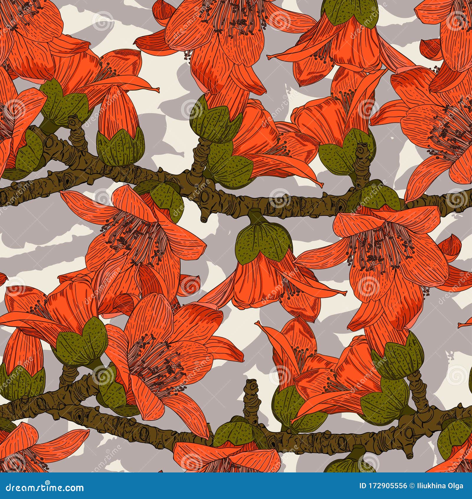 Seamless Pattern of Flowering Ceiba Tree Branches Stock Vector ...