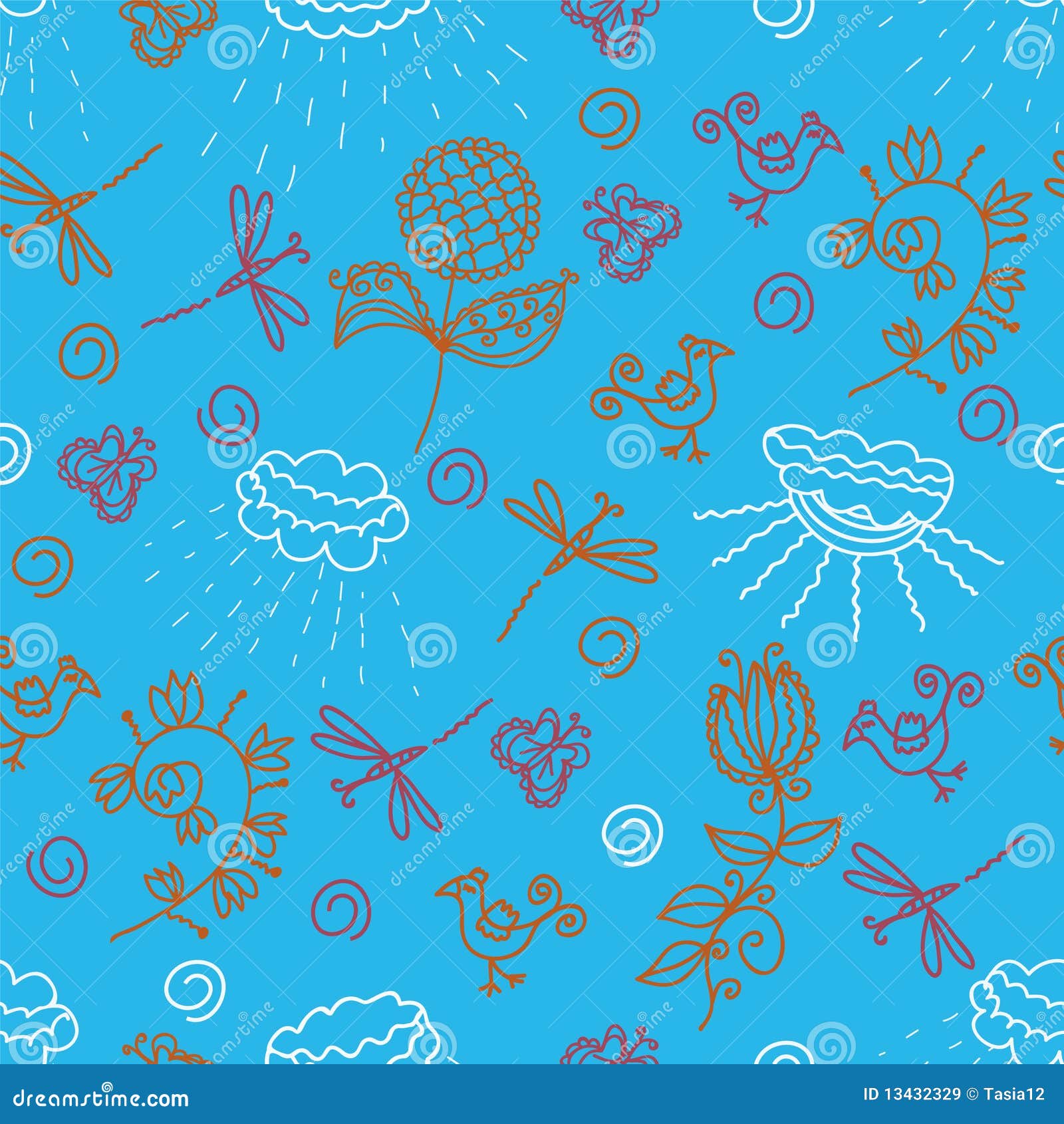 Seamless Pattern with Flowers, Animal, Weather Mot Stock Vector ...