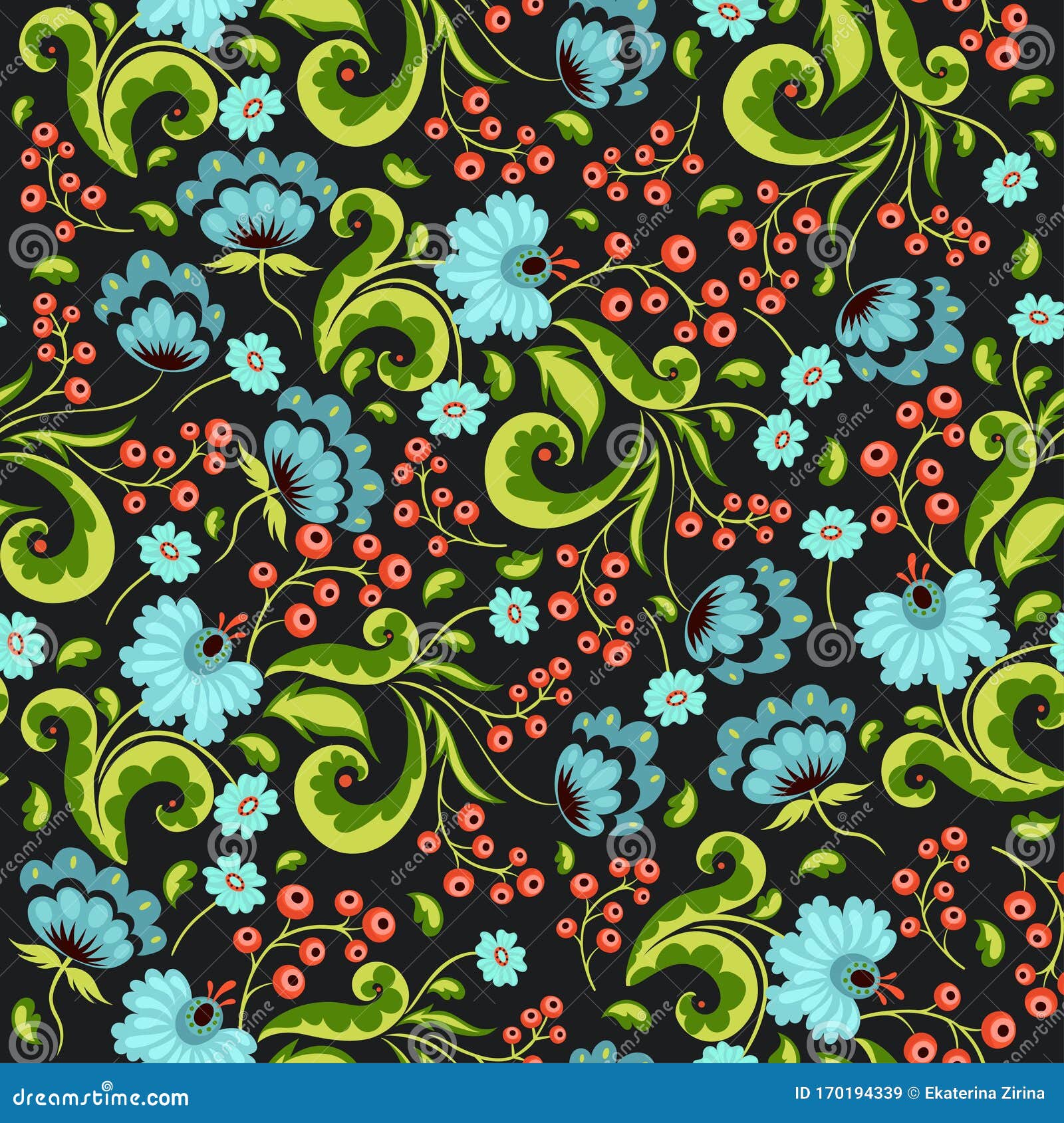 Seamless Pattern with Flowers and Berries in Russian Style. Vector ...