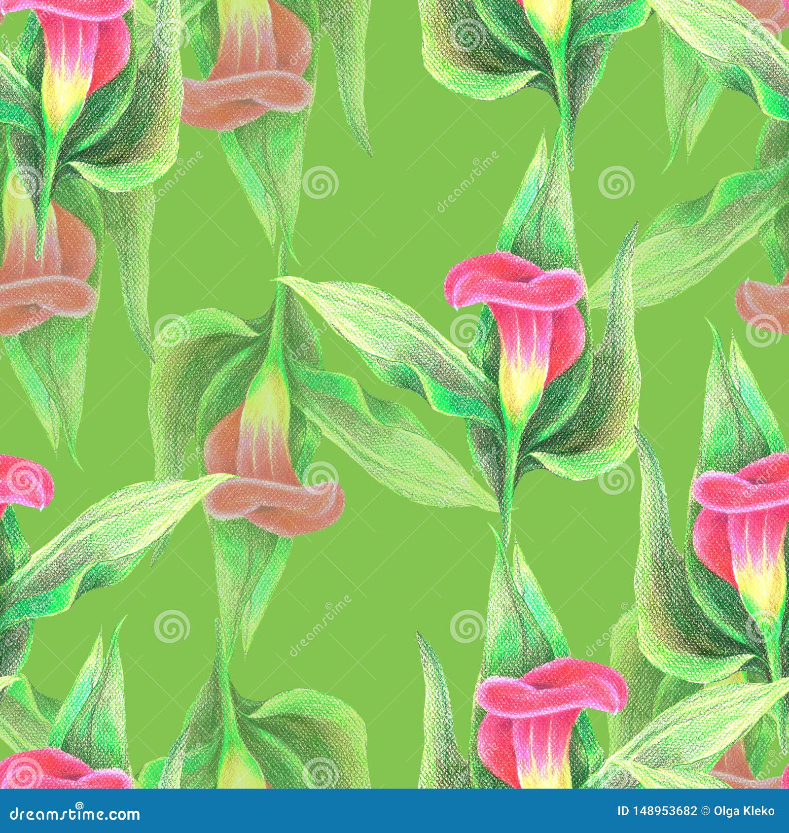 Seamless Pattern Flowers Calla on Lime Green Background. Stock ...