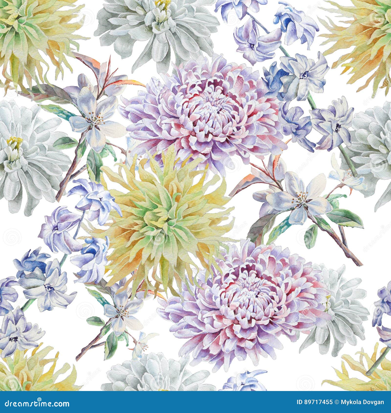 Seamless Pattern with Flowers. Chrysanthemum. Hyacinth, Peony ...