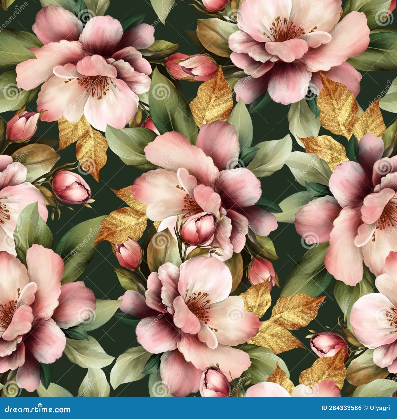 Seamless Pattern with Flowers on Dark Green Background. Floral Pattern ...