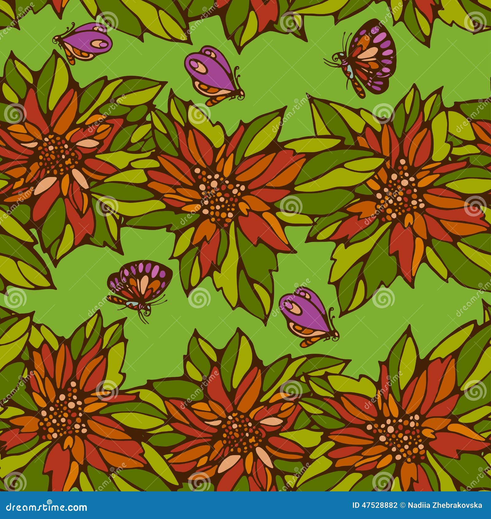 Seamless Pattern of Flowers Leaves and Butterflies Stock Vector ...