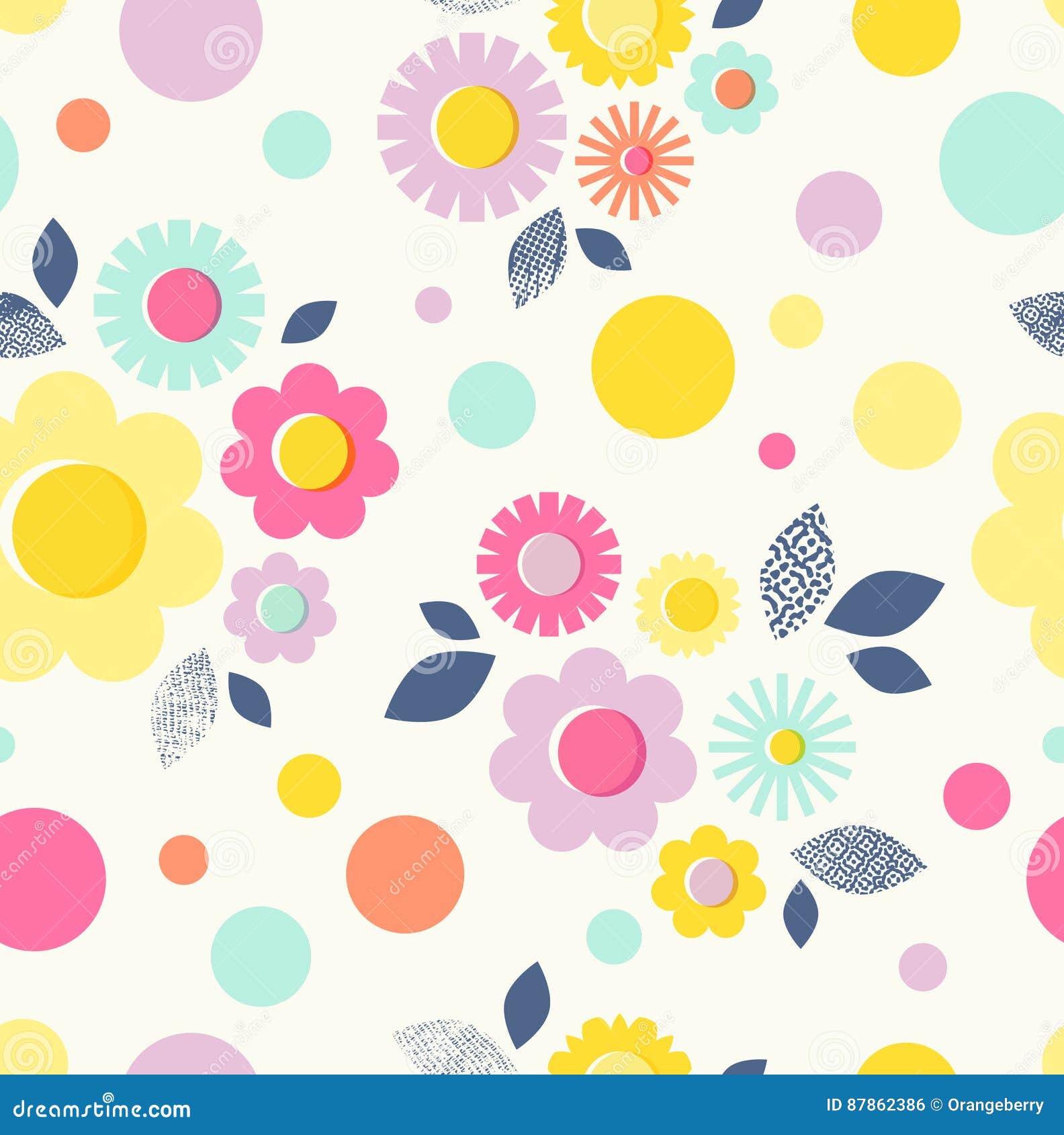 Seamless Pattern with Flowers, Leaves and Dots Stock Vector ...