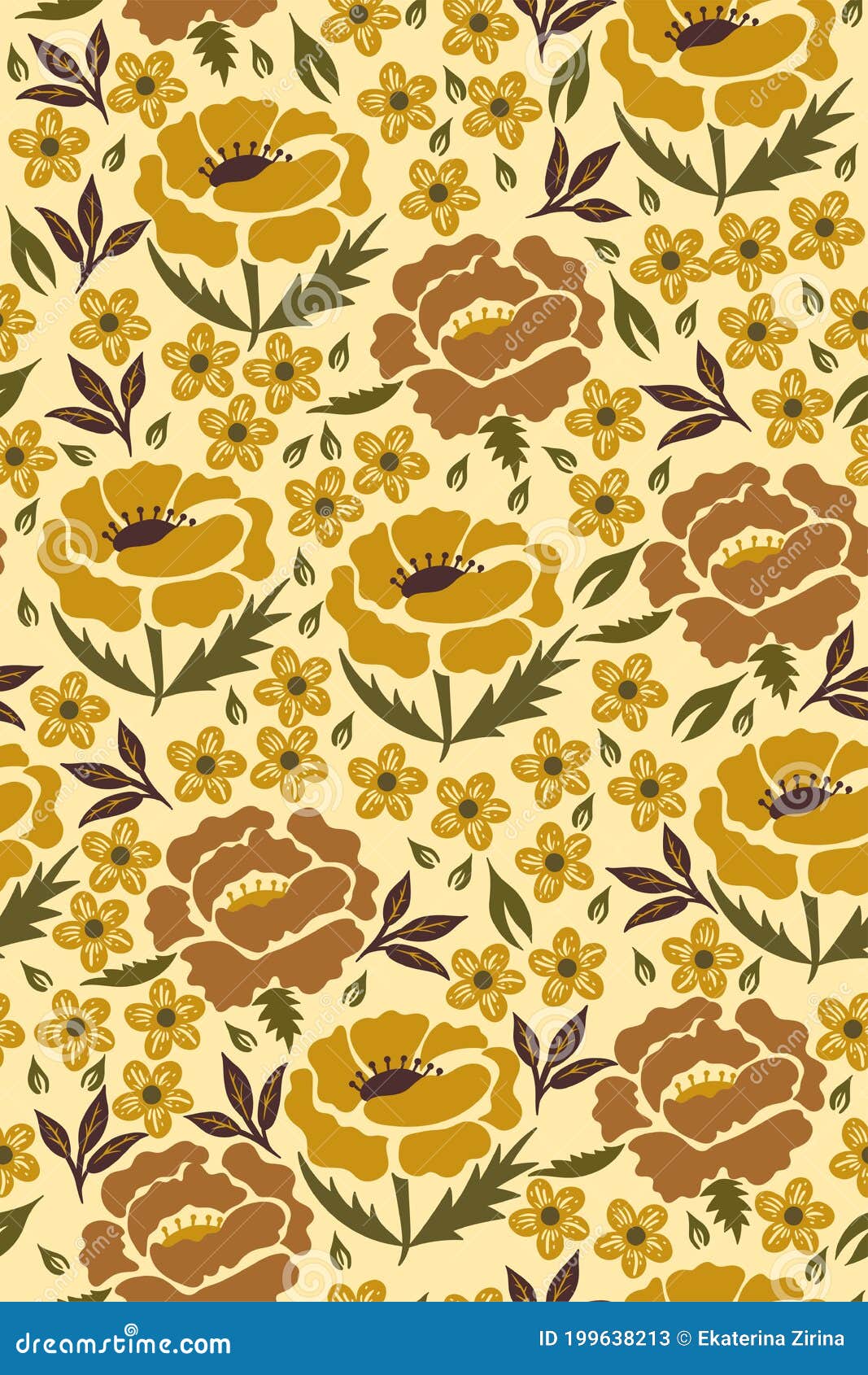 Seamless Pattern with Flowers in Mustard Colors. Vector Graphics Stock ...