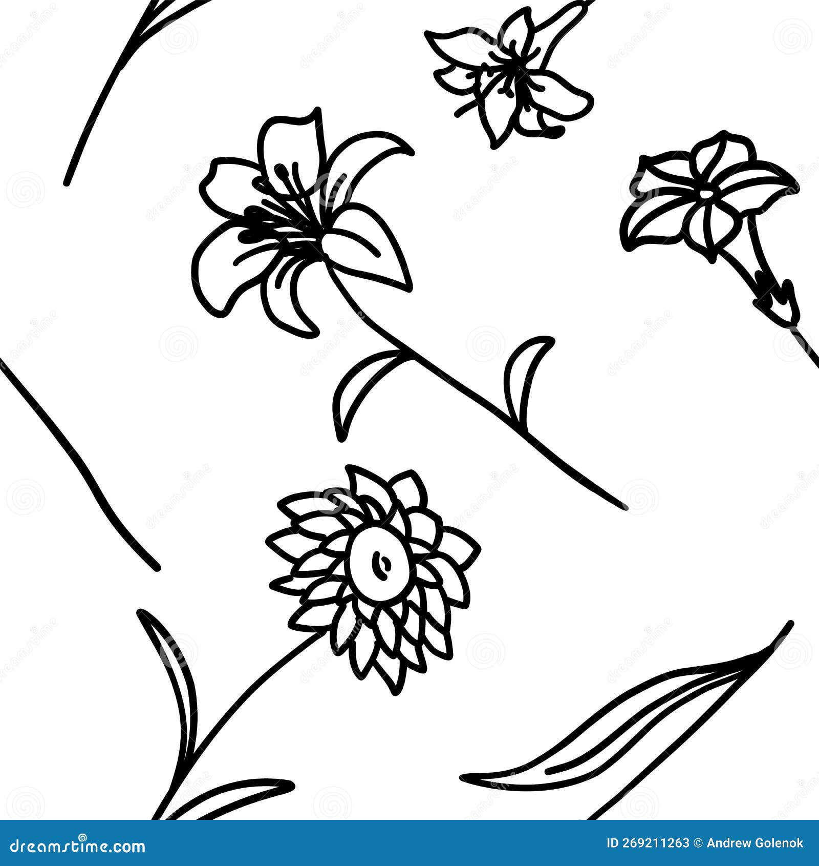 Vector Seamless Pattern with Flowers in Outline Style Stock Vector ...