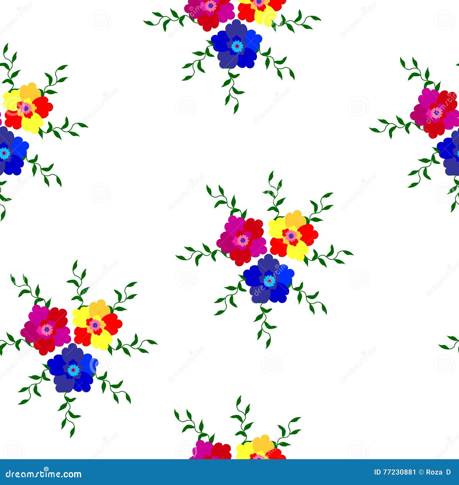 Seamless Pattern of Flowers in Red, Blue and Yellow with Leaves Stock ...