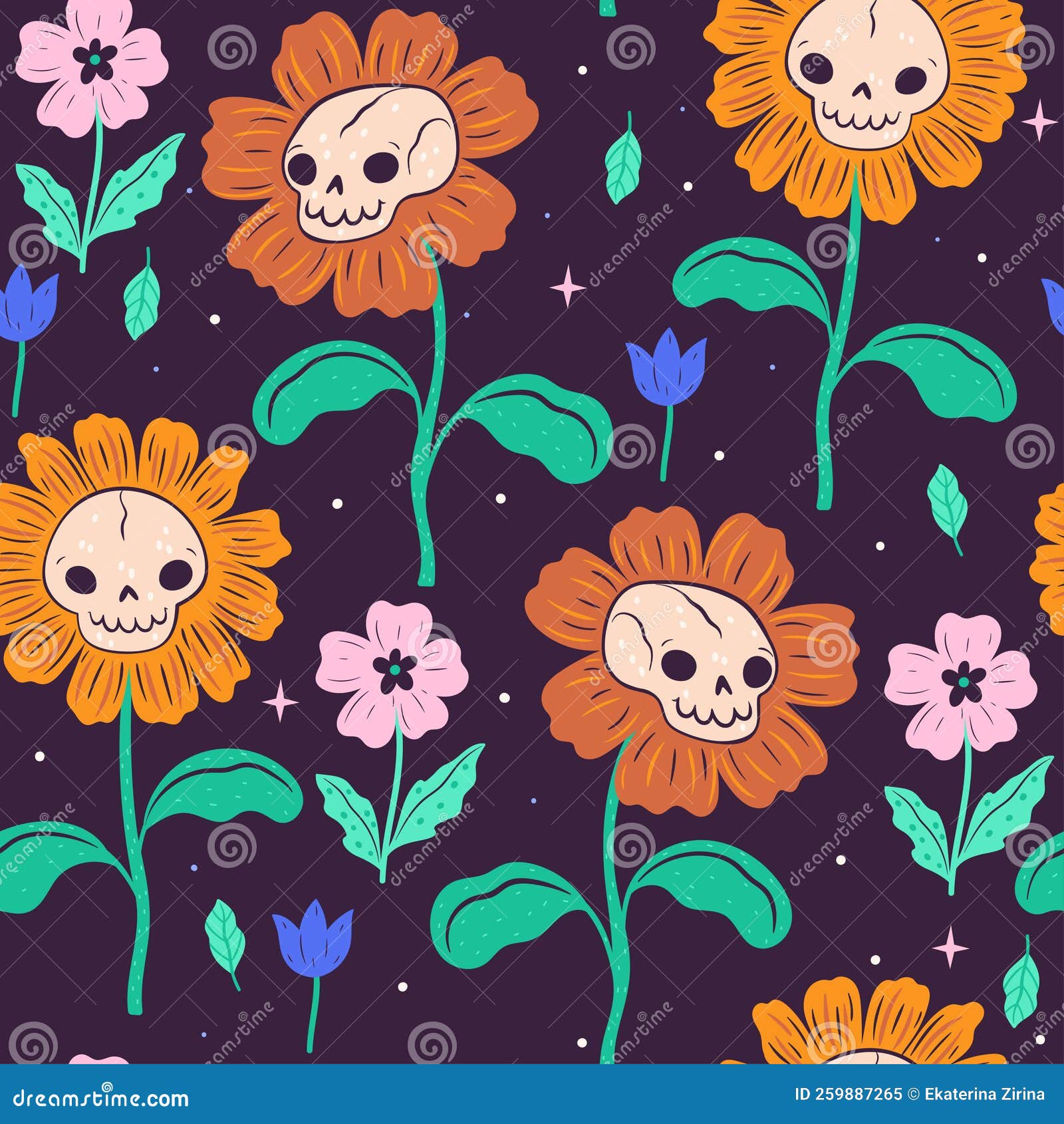 Seamless Pattern with Flowers and Skulls. Vector Graphics Stock Vector ...