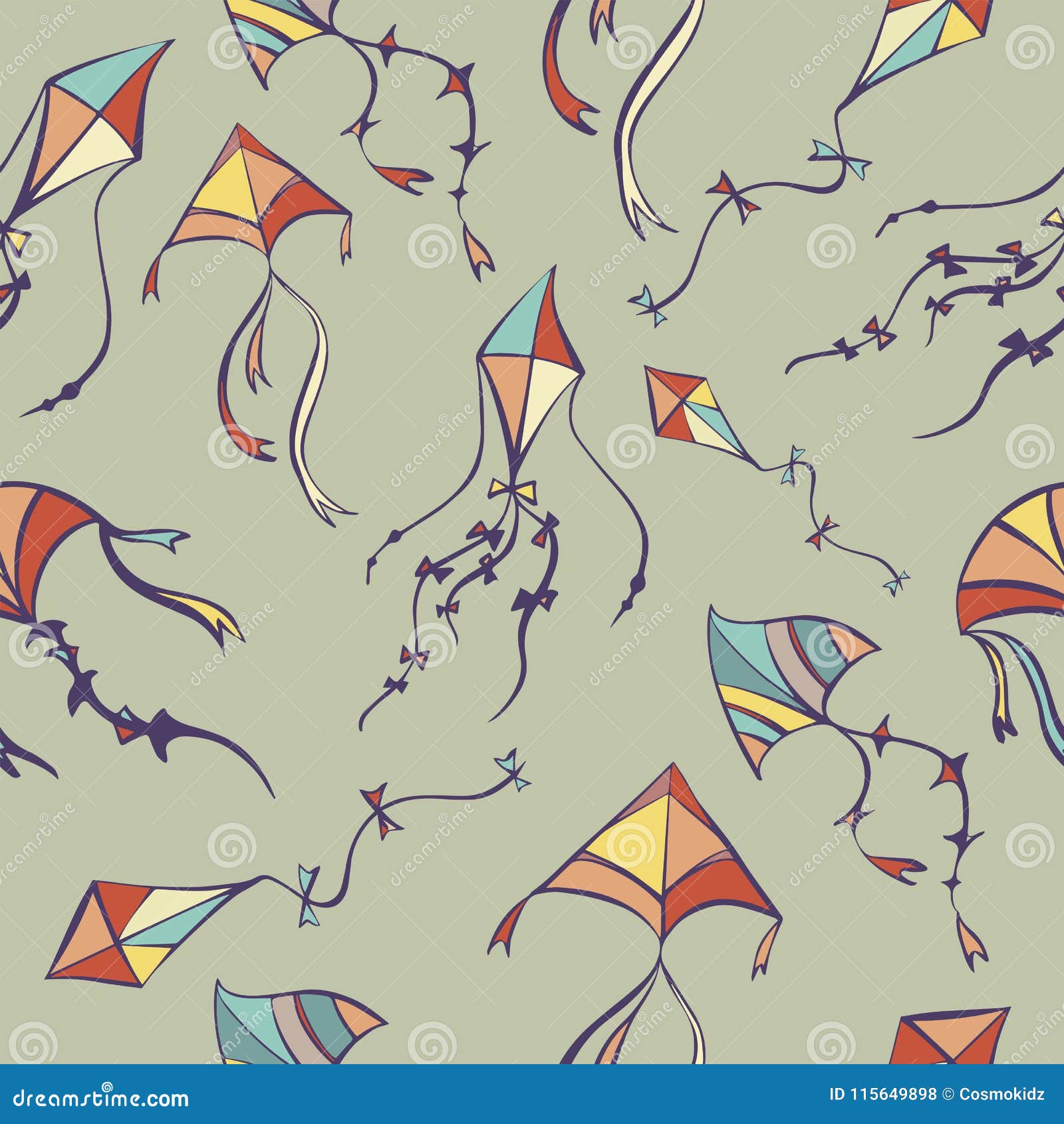 Seamless Pattern of Flying Kites in Cartoon Style, Vector Illustration ...
