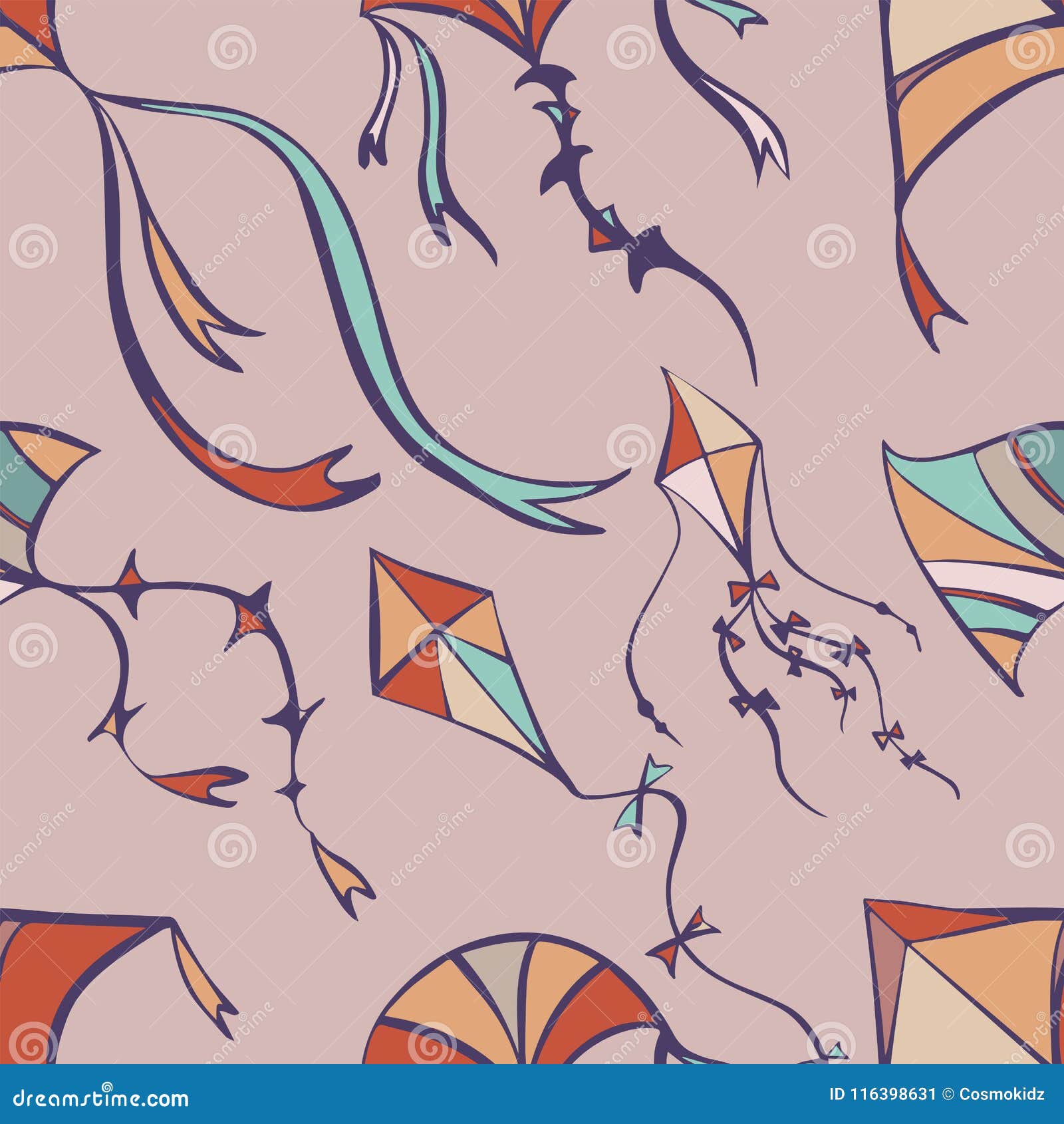 Seamless Pattern of Flying Kites in Cartoon Style, Vector Illustration ...