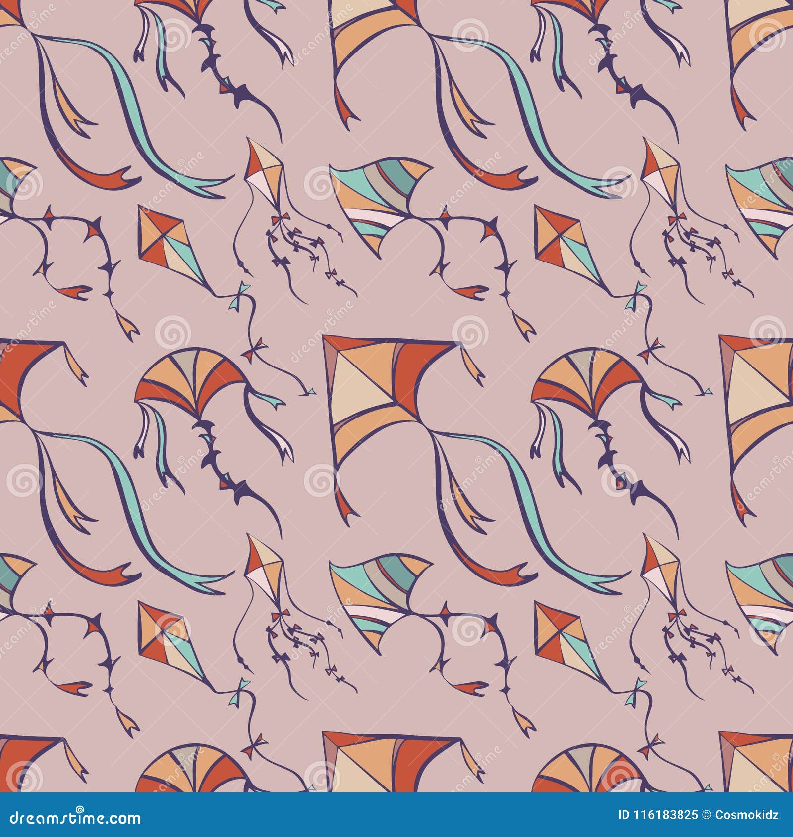 Seamless Pattern of Flying Kites in Cartoon Style, Vector Illustration ...