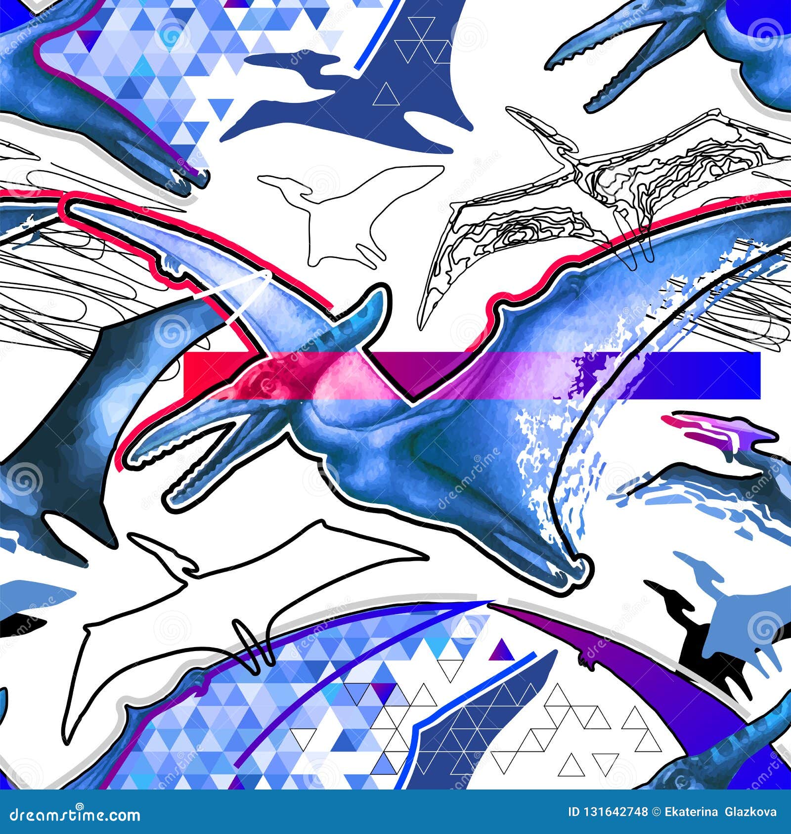 Seamless Pattern of Flying Pterodactyls Drawn in Different Modern ...