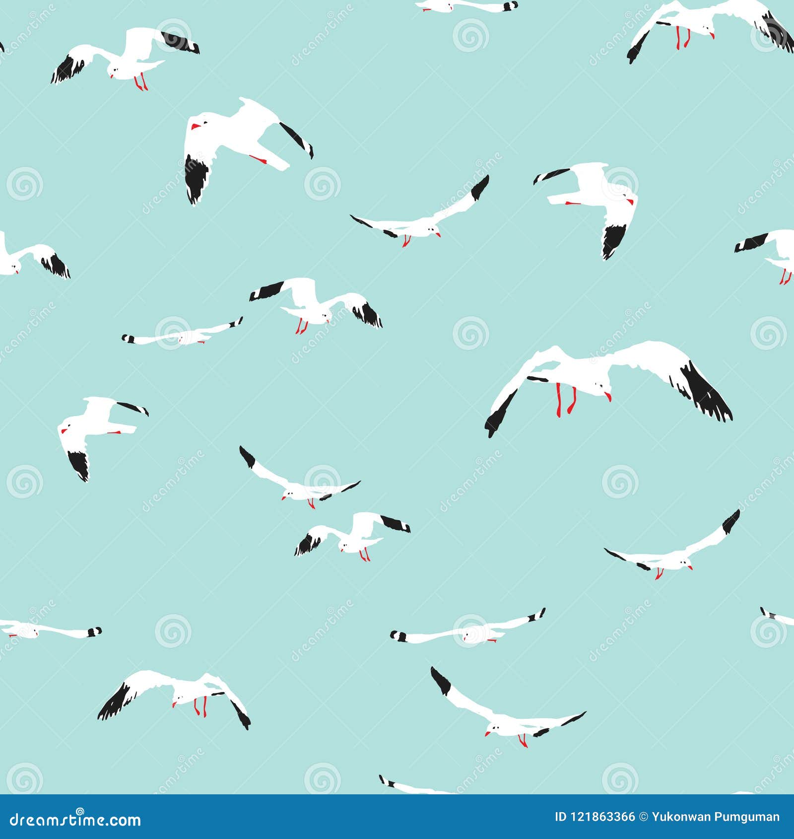 Seamless Pattern Flying Seagull on Blue Background, Vector Stock Vector ...