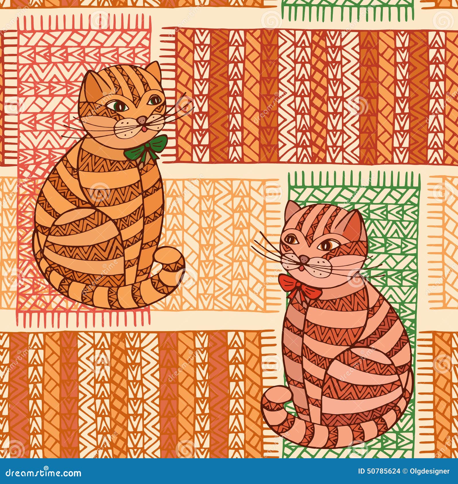 Seamless Pattern with Folk Cats Stock Vector - Illustration of folklore ...