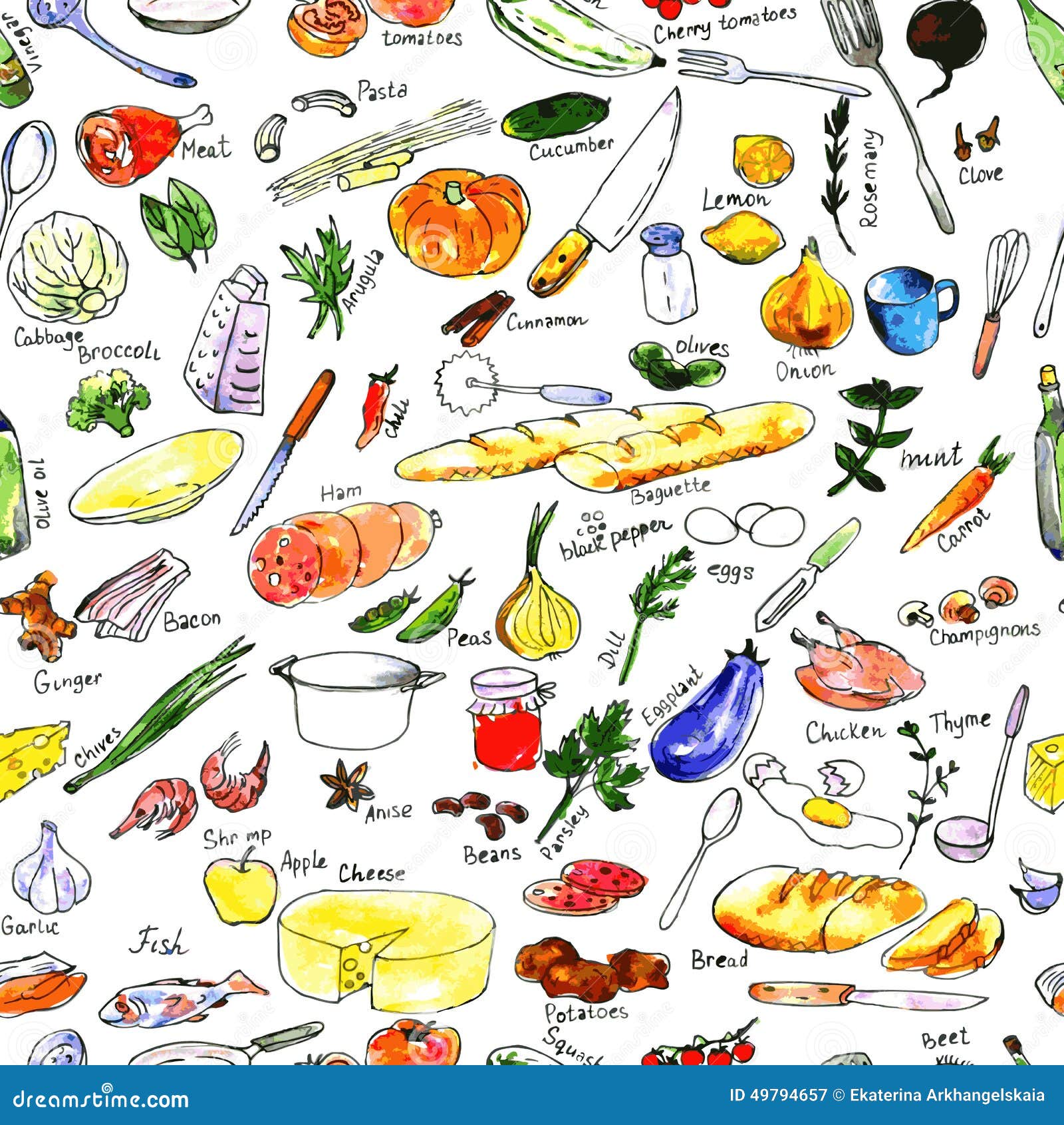 Seamless Pattern with Foods Stock Vector - Illustration of graphic ...