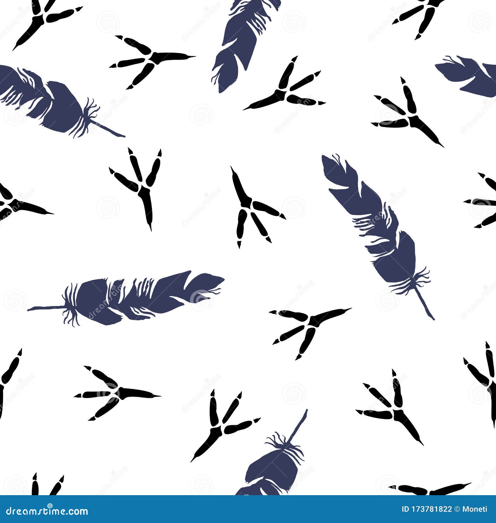 Seamless Pattern with Footprint of a Bird and Bird Feathers. Vector ...