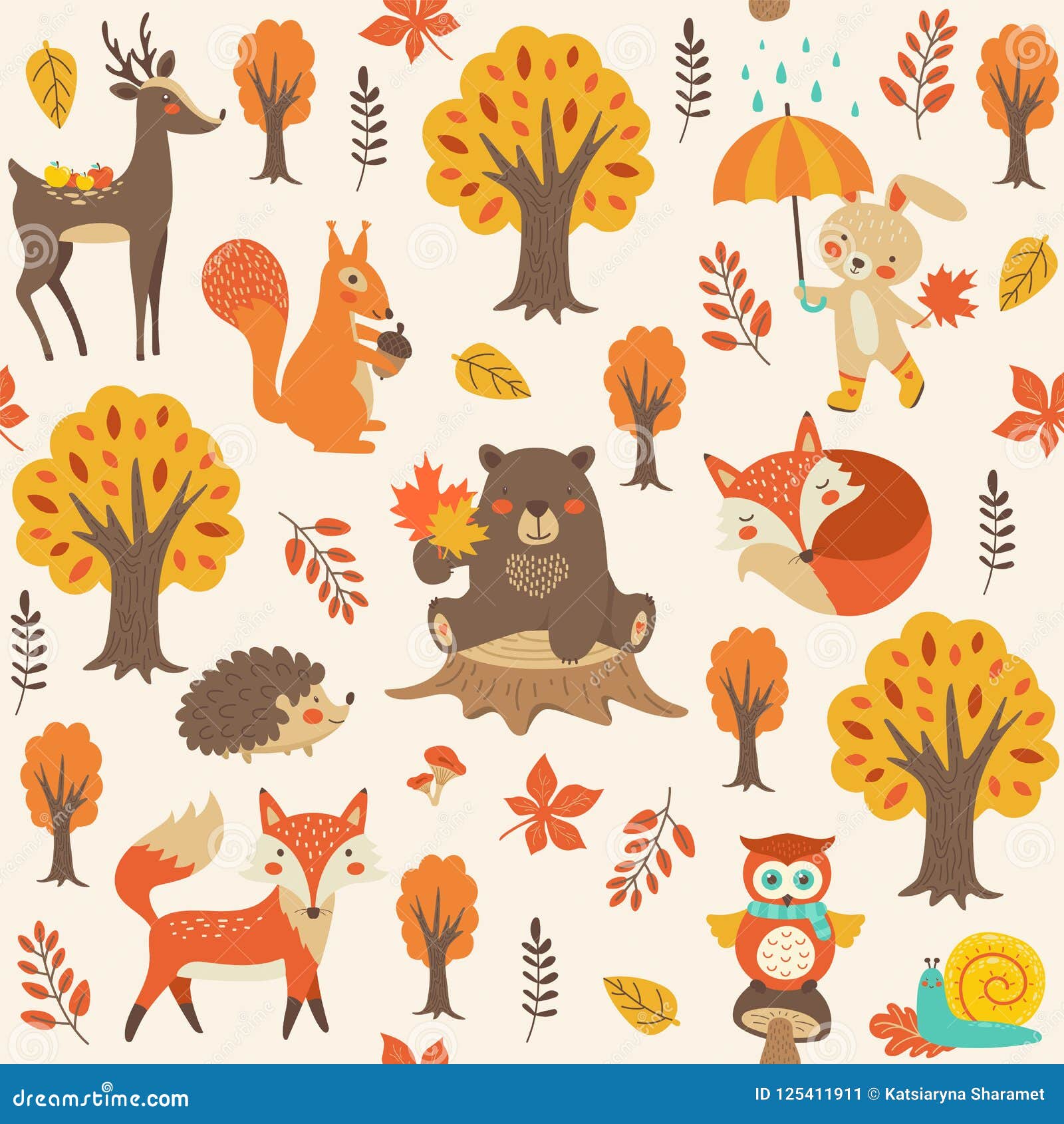 Seamless Pattern with Forest Animals. Bear, Fox, Squirrel, Owl, Stock ...