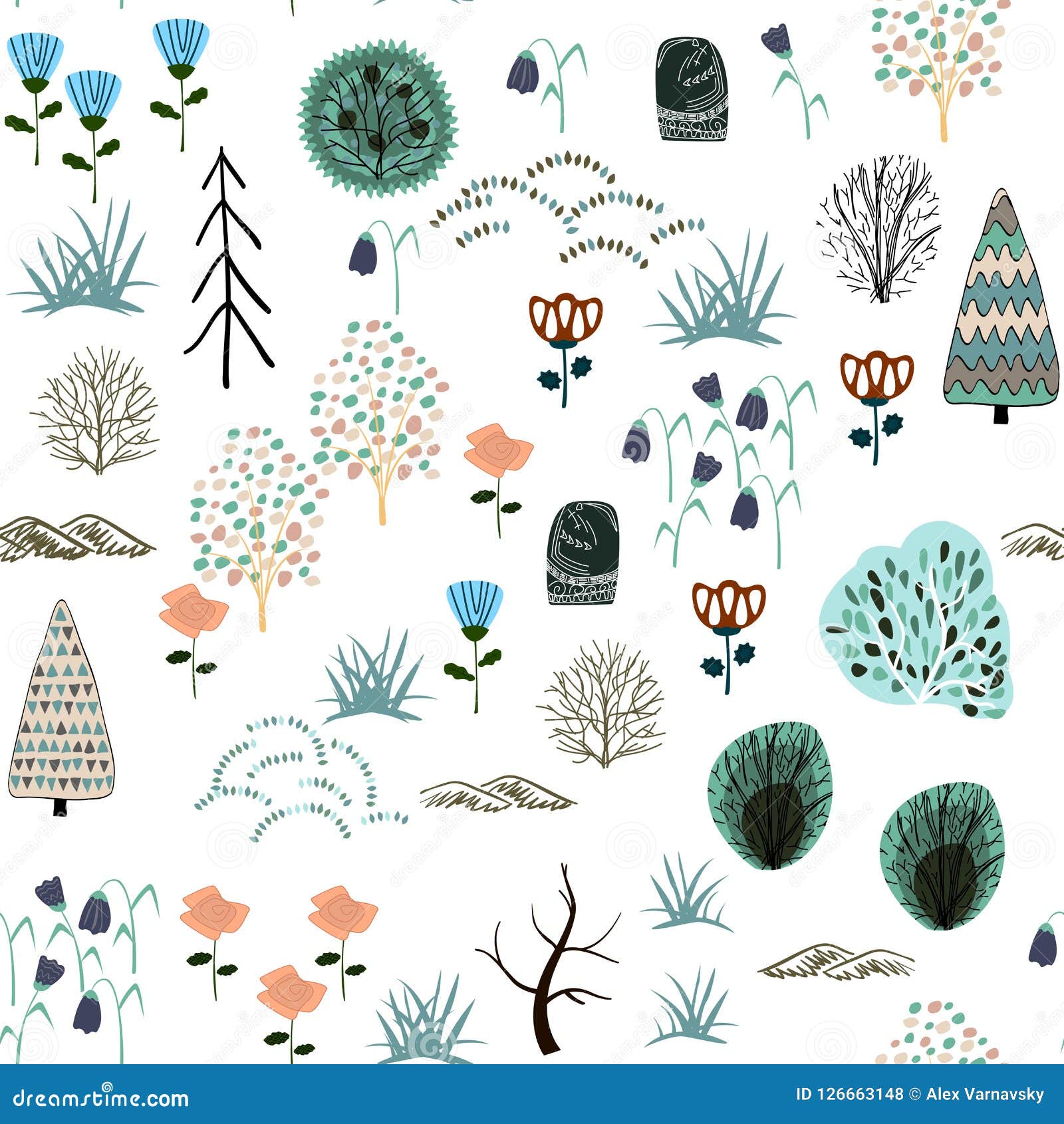 Seamless Pattern with Forest Elements and Hand Drawn Shapes. Childish ...