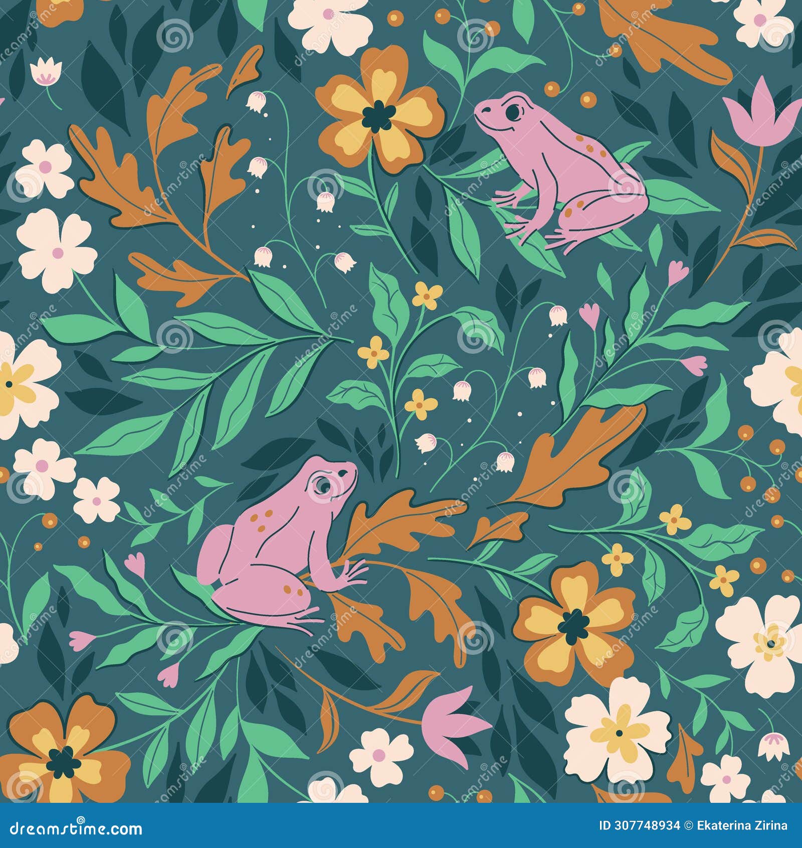 Seamless Pattern with Forest Pink Tree Frogs, Leaves and Flowers ...