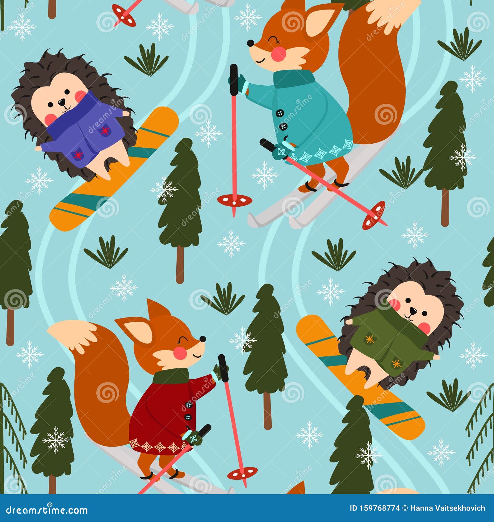 Winter Seamless Pattern with Fox Skiing and Hedgehog on a Snowboard ...