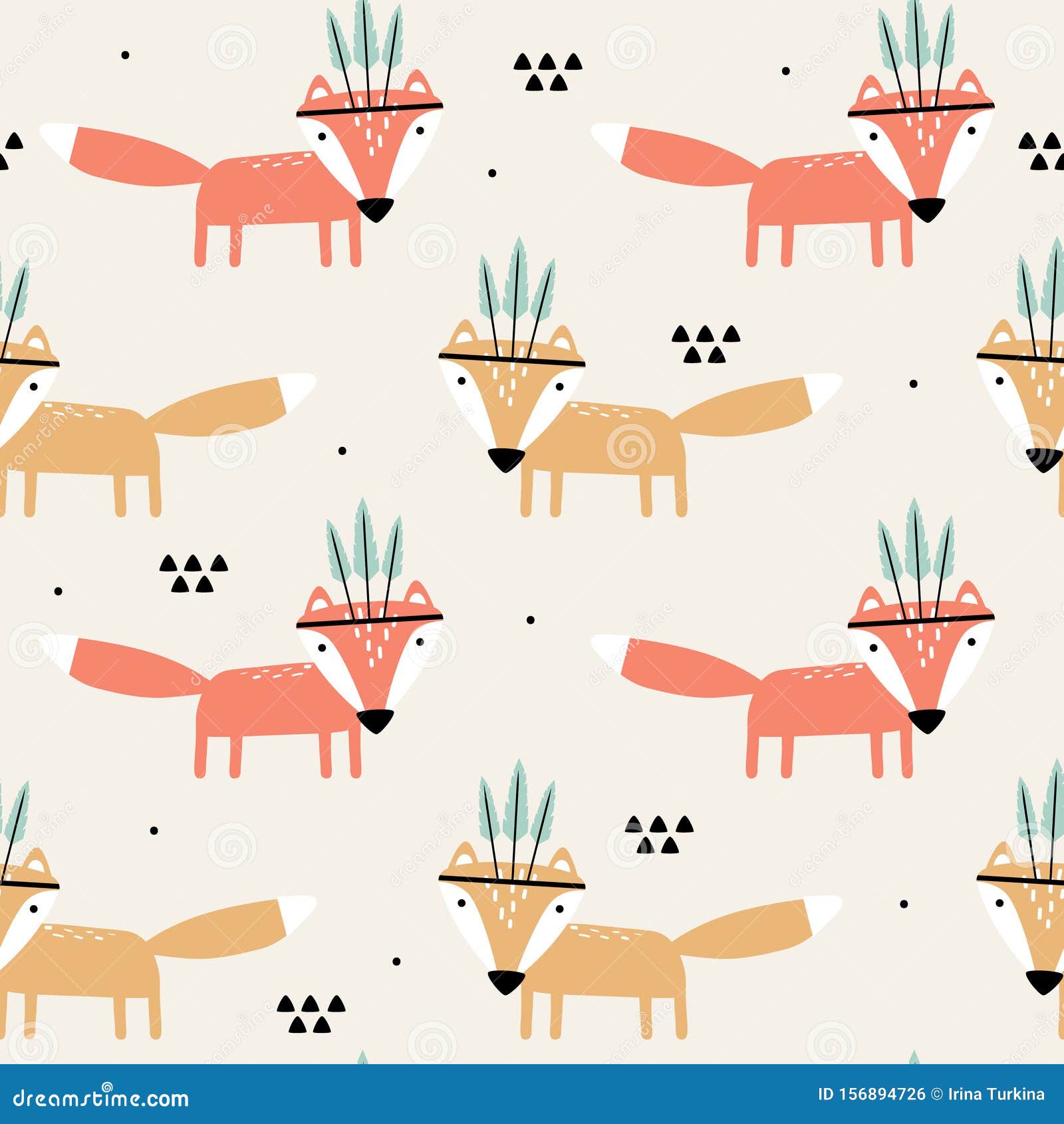 Colorful Seamless Pattern, Foxes with Feathers. Decorative Cute ...