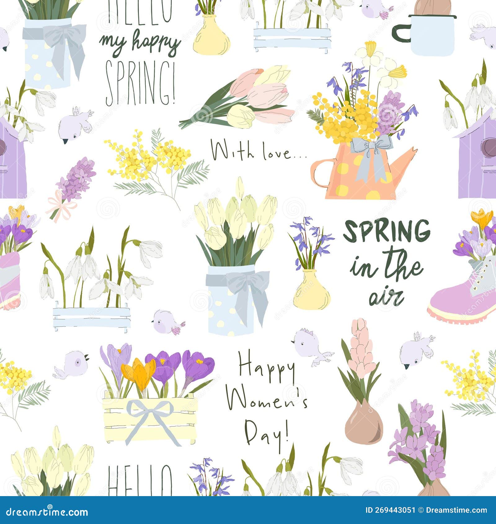 Seamless Pattern with Fresh Spring Flowers Bouquets and Birds Stock ...
