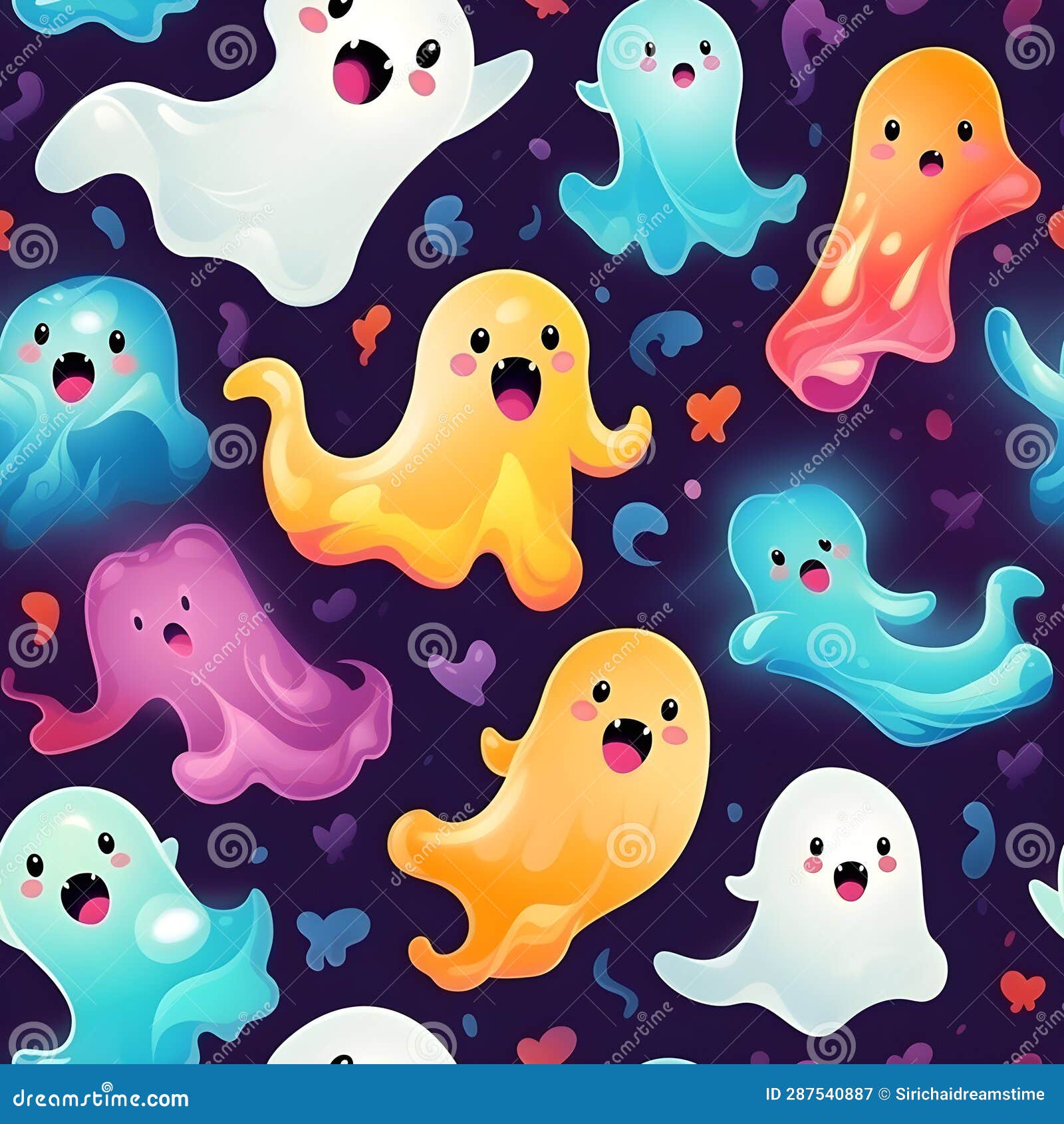 Seamless Pattern Friendly Ghosts Group of Playful Colorful Cute Ghosts ...