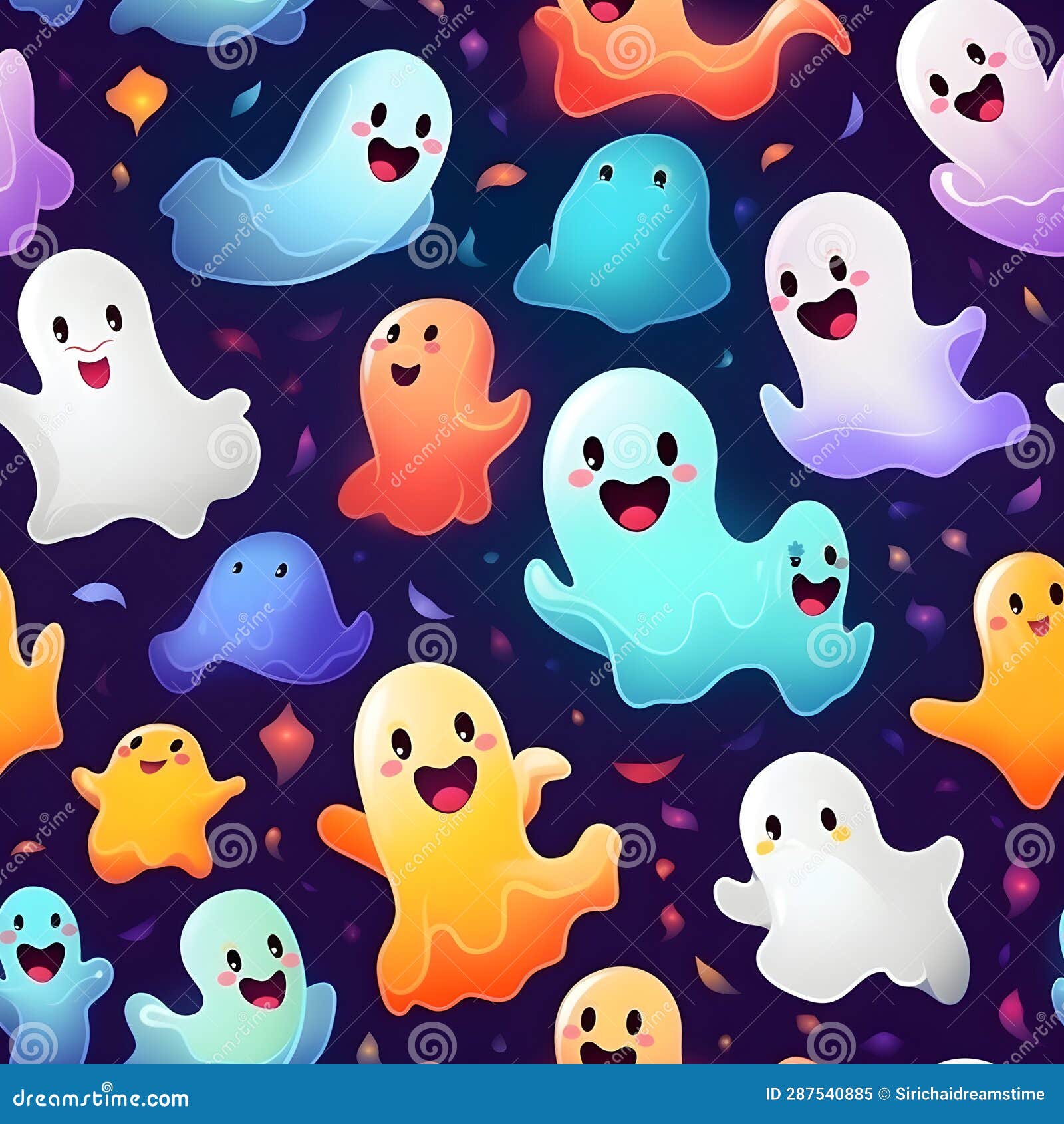 Seamless Pattern Friendly Ghosts Group of Playful Colorful Cute Ghosts ...