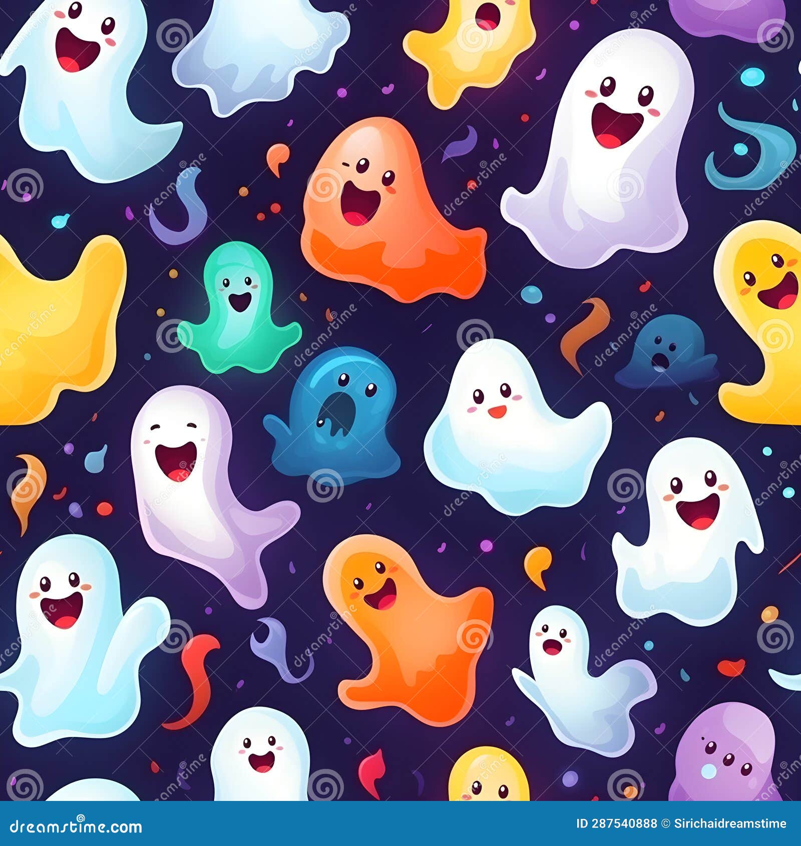 Seamless Pattern Friendly Ghosts Group of Playful Colorful Cute Ghosts ...
