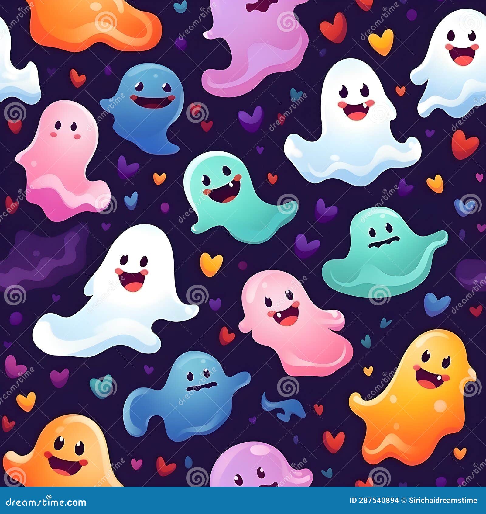 Seamless Pattern Friendly Ghosts Group of Playful Colorful Cute Ghosts ...