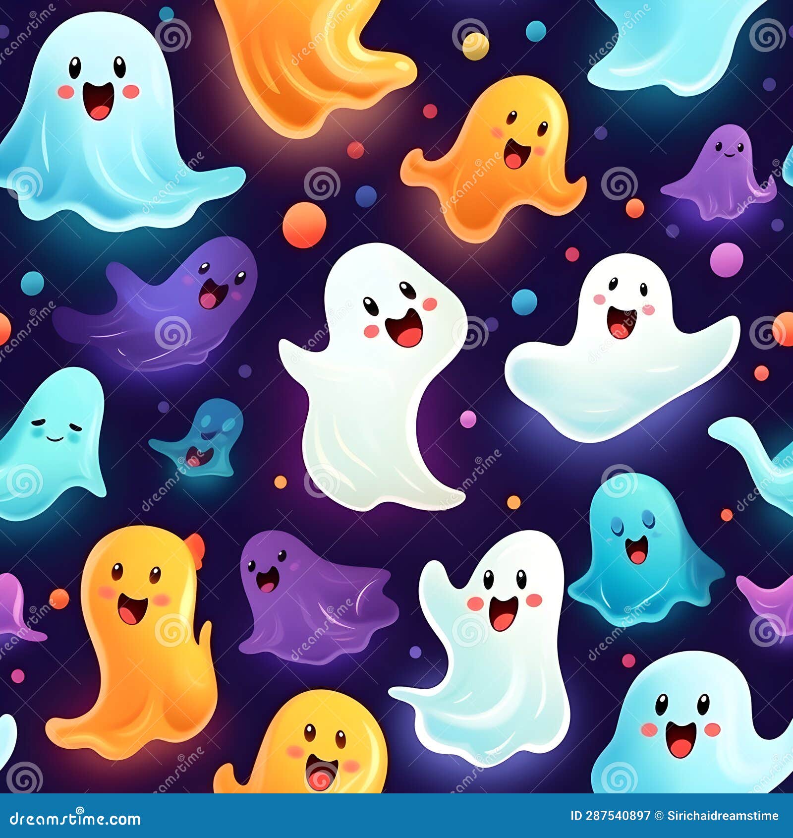 Seamless Pattern Friendly Ghosts Group of Playful Colorful Cute Ghosts ...