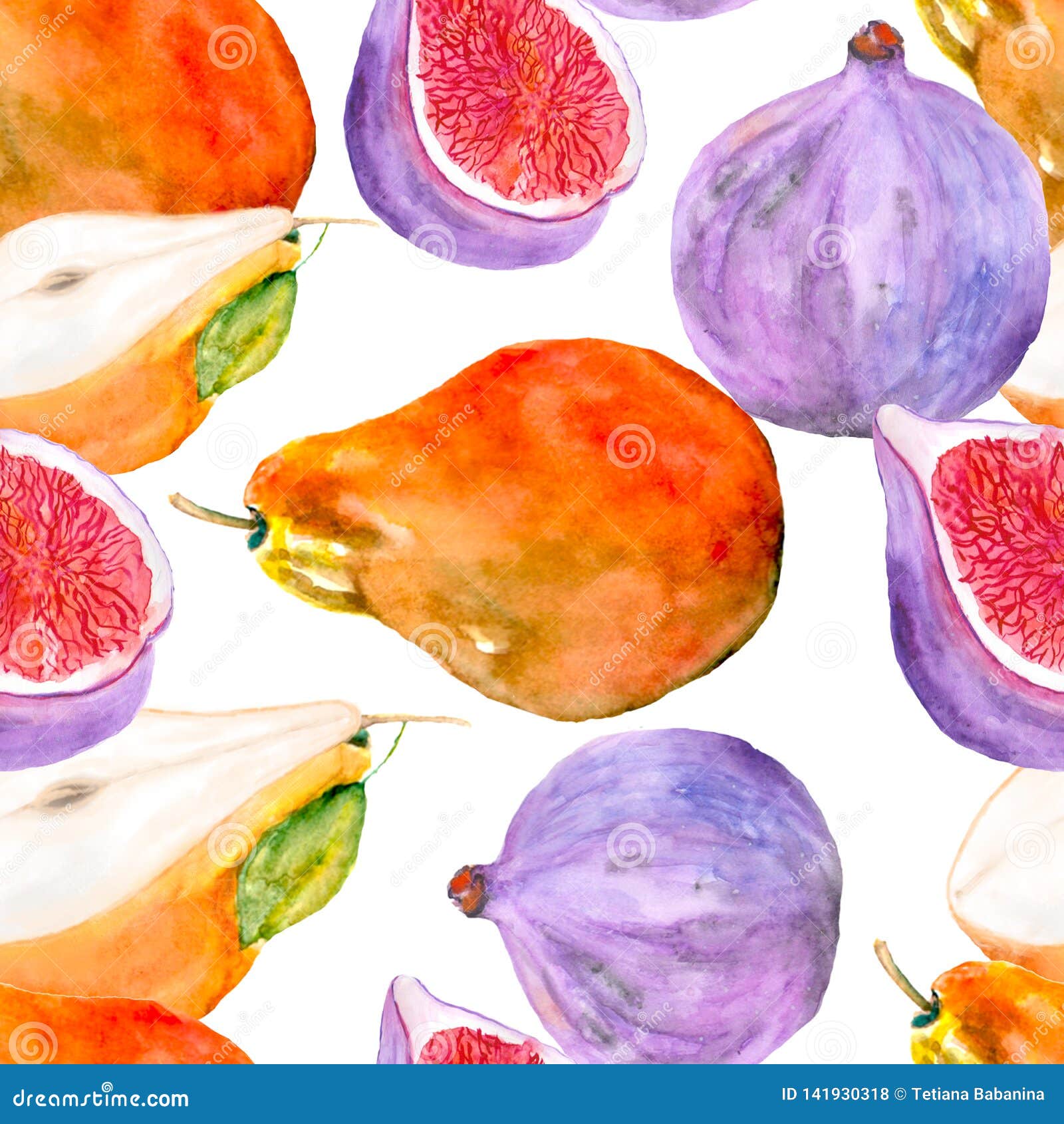 Seamless Pattern of Fruit Figs and Watercolor Painted Pears Stock Photo ...