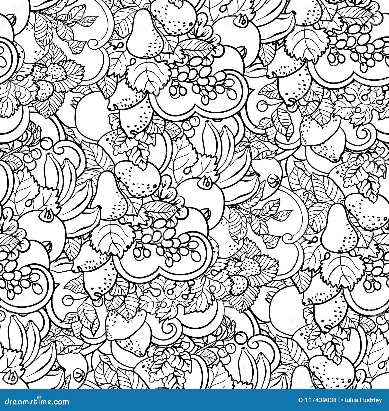 Seamless Pattern with Fruit Ornament in Coloring Page Book Style Stock ...