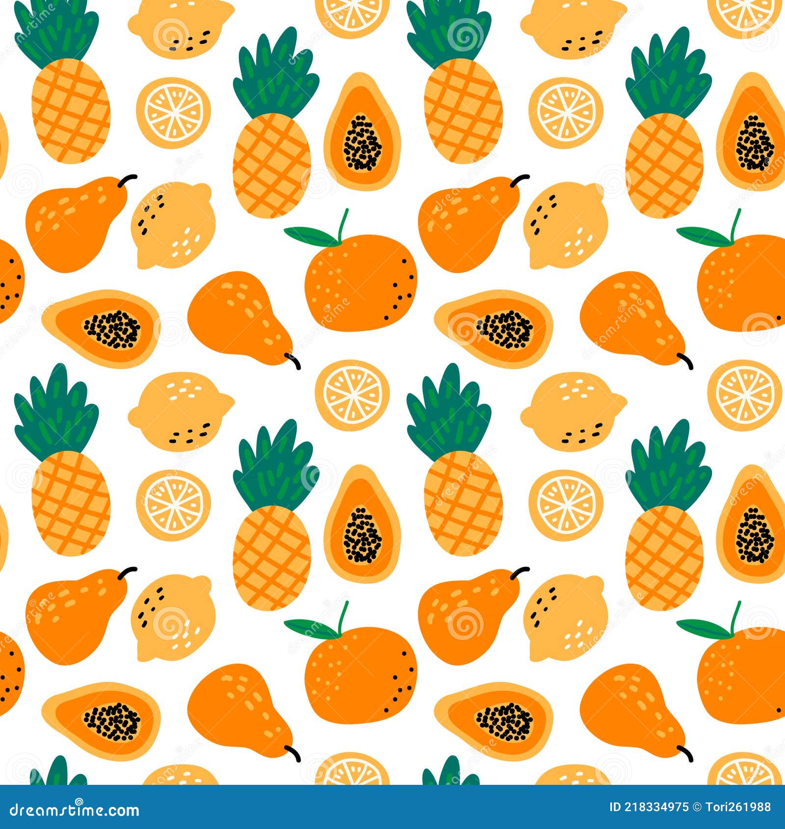 Seamless Pattern with Fruits Pineapples, Lemons, Papaya, Pear, Orange ...