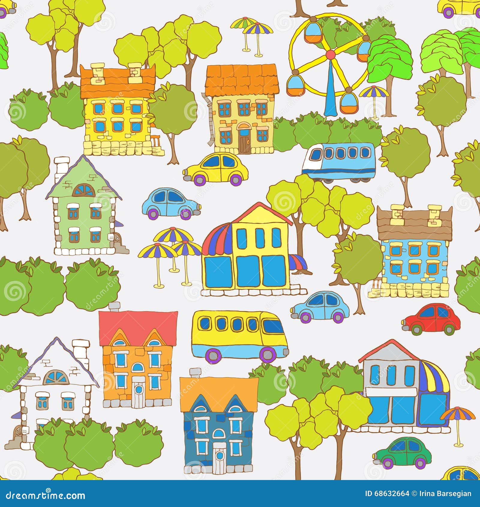 Seamless Pattern. Fun Town. Hand Drawn Stock Vector - Illustration of ...