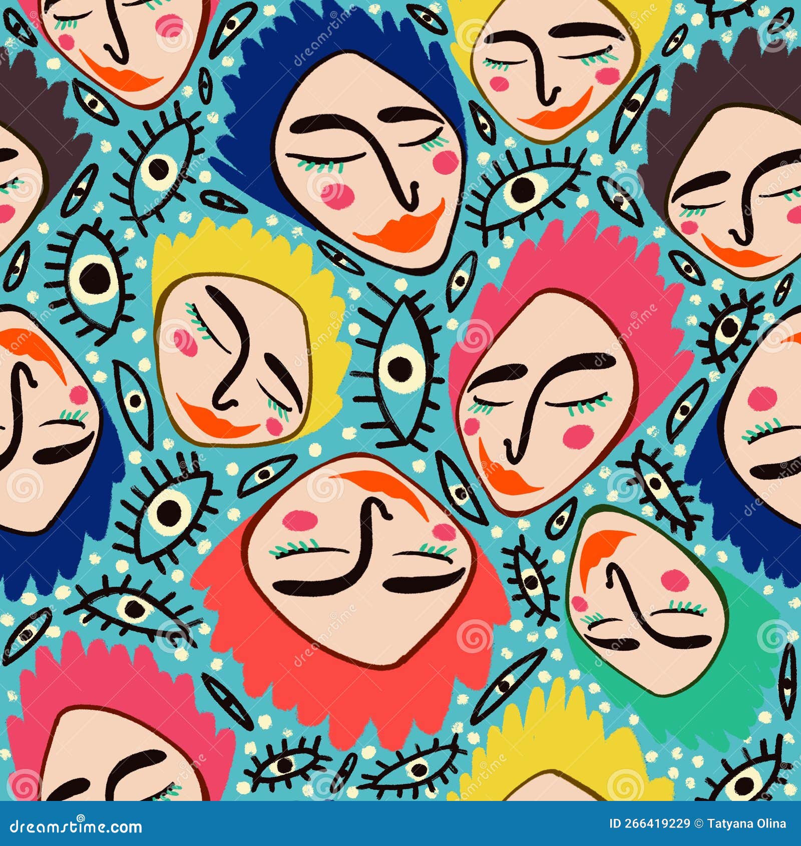 Seamless Pattern with Funky Faces. Groovy Cute Faces Characters Stock ...