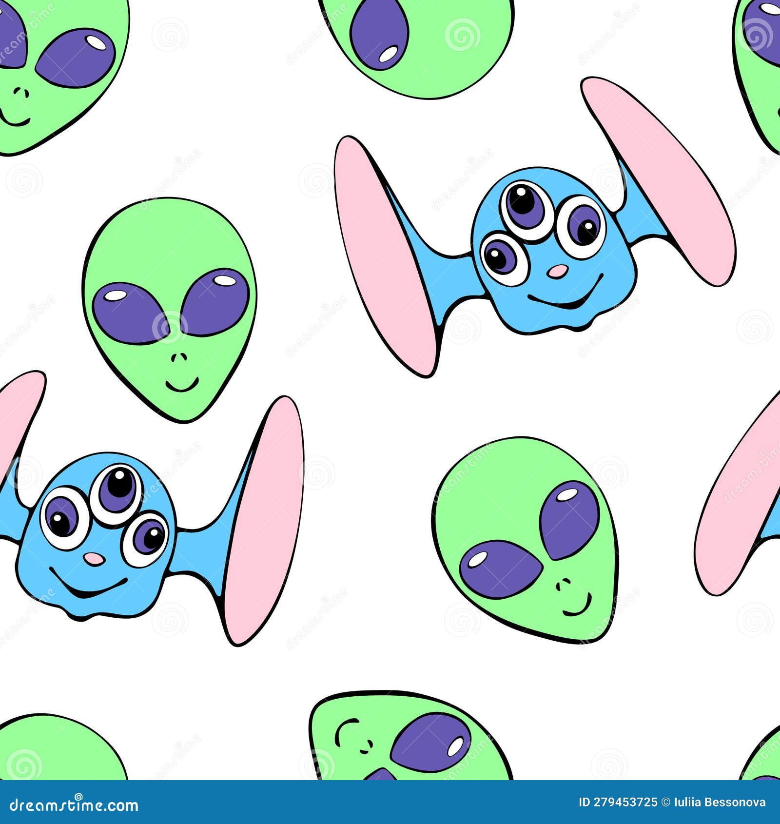 Seamless Pattern With Funny Aliens Heads In Doodle Flat Style ...