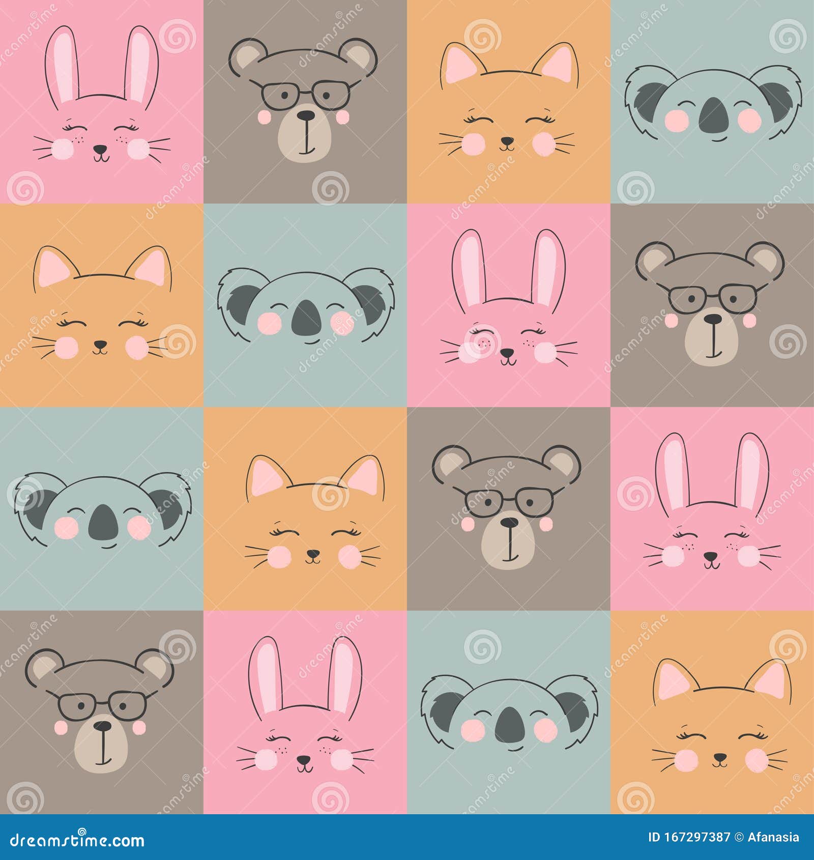 Seamless Pattern with Funny Animal Faces. Cute Animal Portrait Set ...