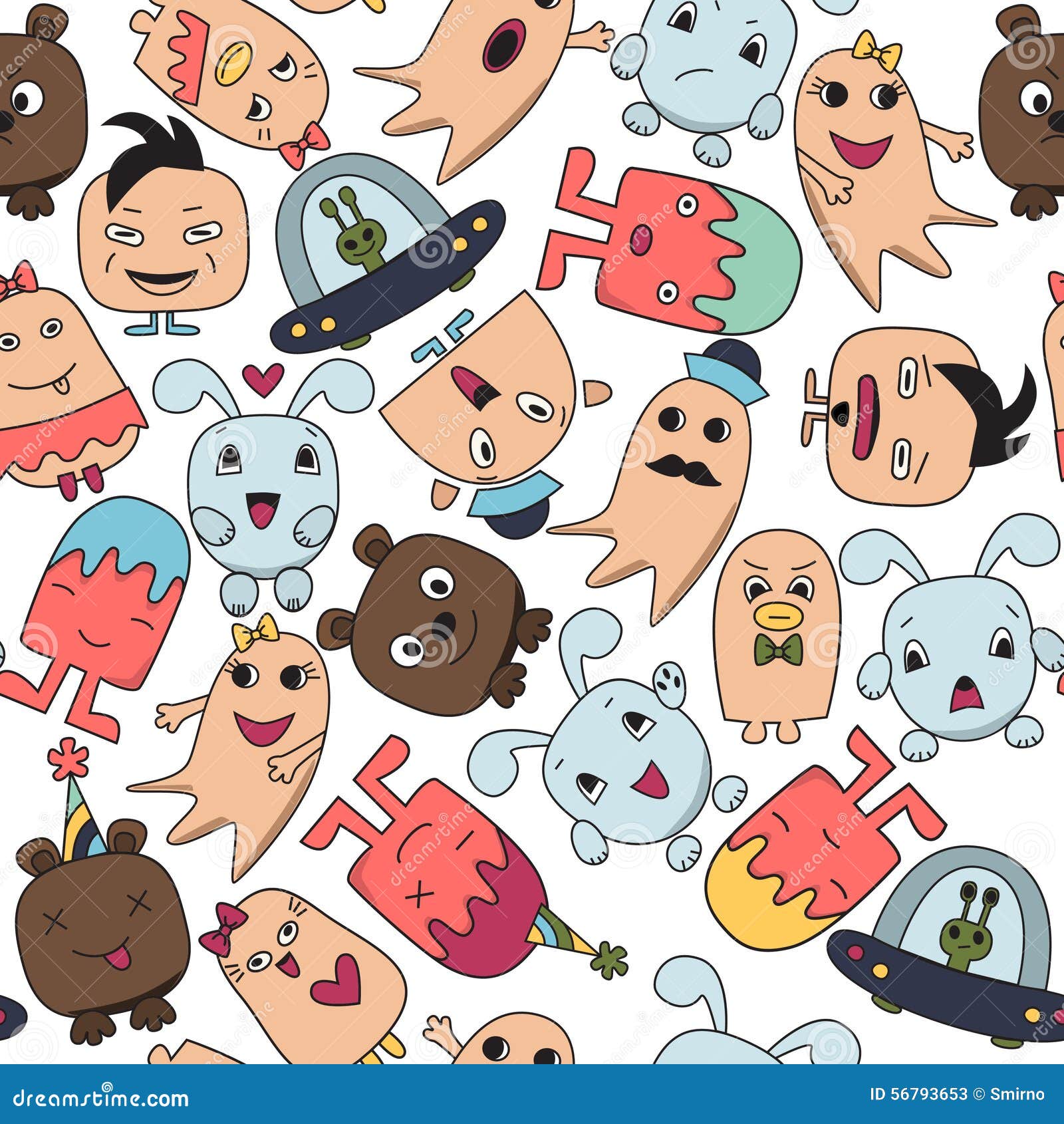 Seamless Pattern with Funny Character Faces Stock Vector - Illustration ...