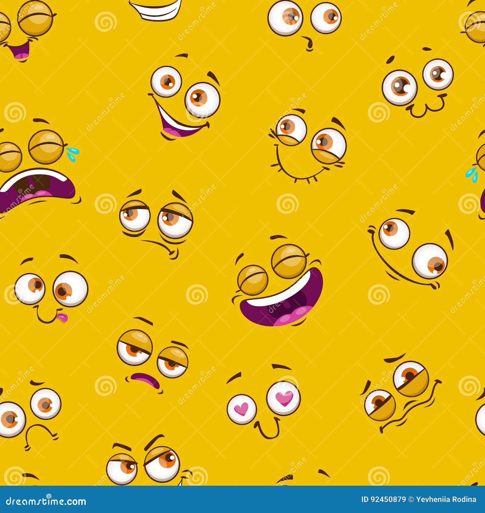 Seamless Pattern with Funny Comic Faces on Yellow Background. Stock ...