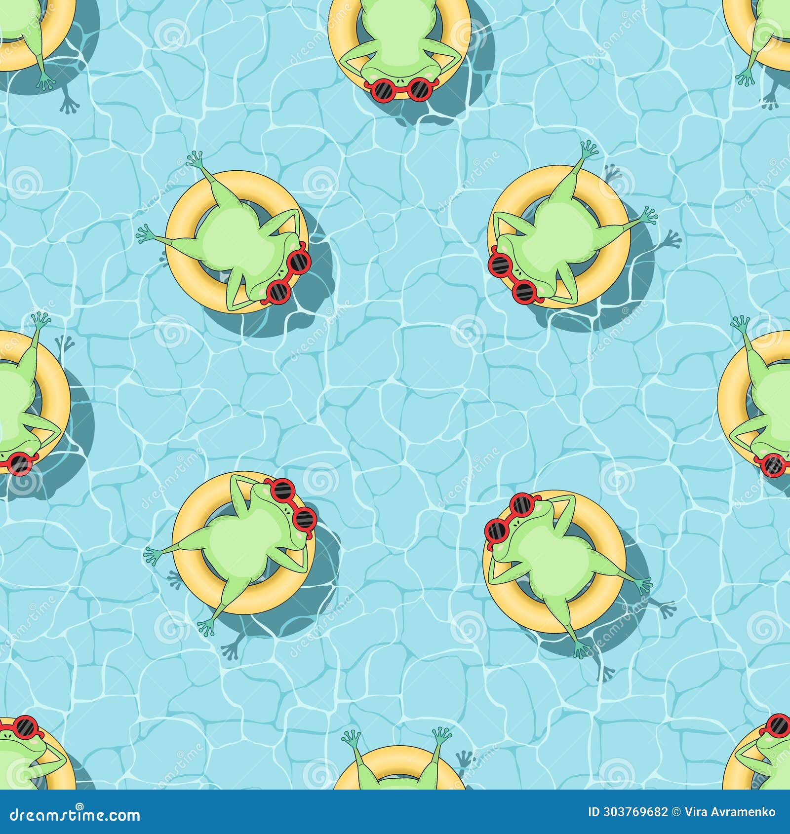 Seamless Pattern with Funny Frogs Swimming in a Pool with a Rubber Ring ...
