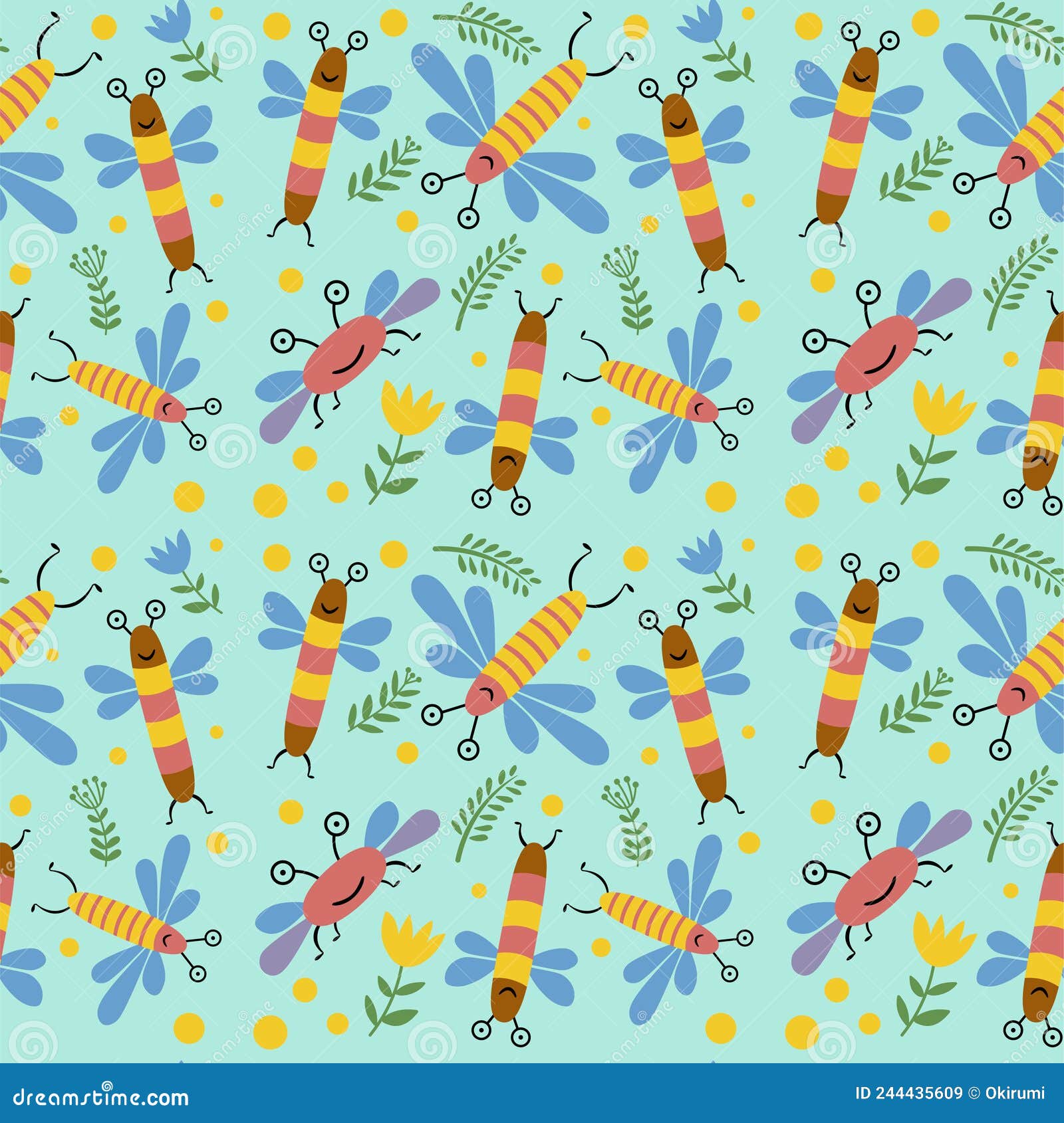 Seamless Pattern Funny Insects on Blue Stock Vector - Illustration of ...