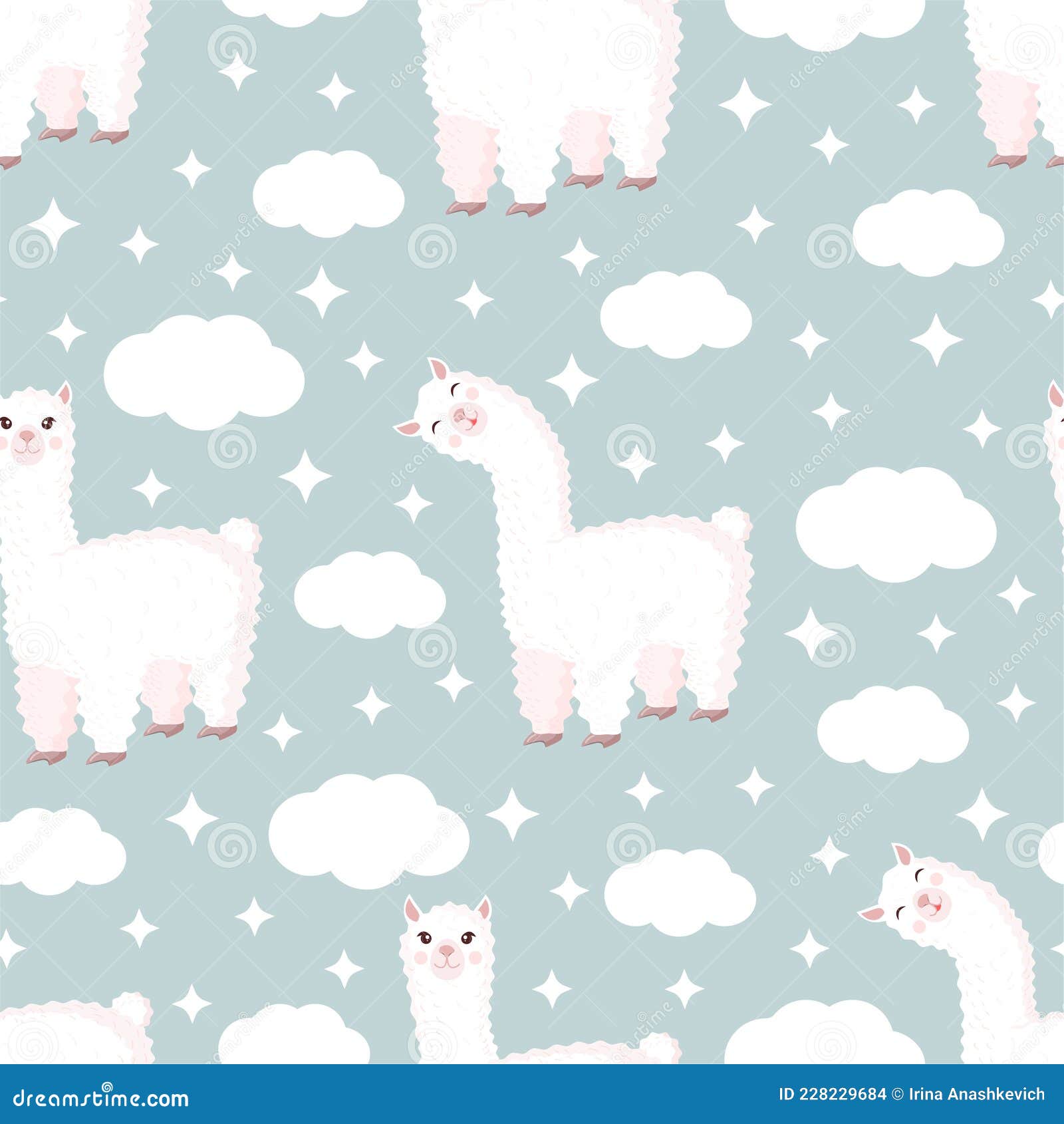 Seamless Pattern with Funny Llama, Clouds and Stars on a Gray Background. Vector Illustration ...